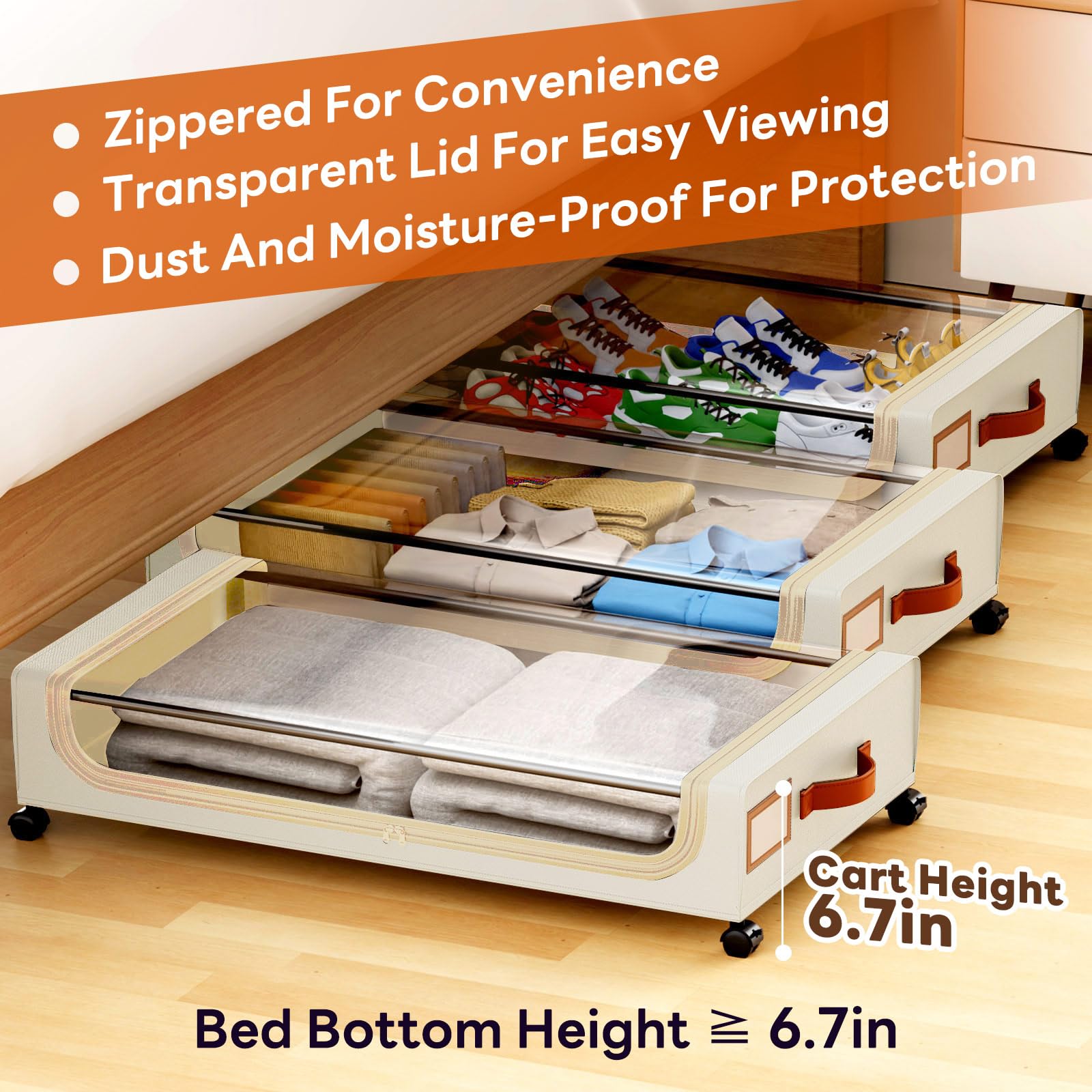 Yoleduo Underbed Storage Containers with Wheels,2 Pack Under bed Shoe Storage Organizer Box with Clear Lid Drawer Bins Bag for Organizing Clothes, Blanket,Shoe Bedroom (Large White)