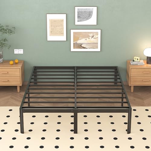 Lutown-Teen 14 Inch Full Size Bed Frame with Rounded Corner Legs, Sturdy Mattress Foundation, Heavy Duty Metal Full Platform No Box Spring Needed, Noise Free, Easy Assembly, Black