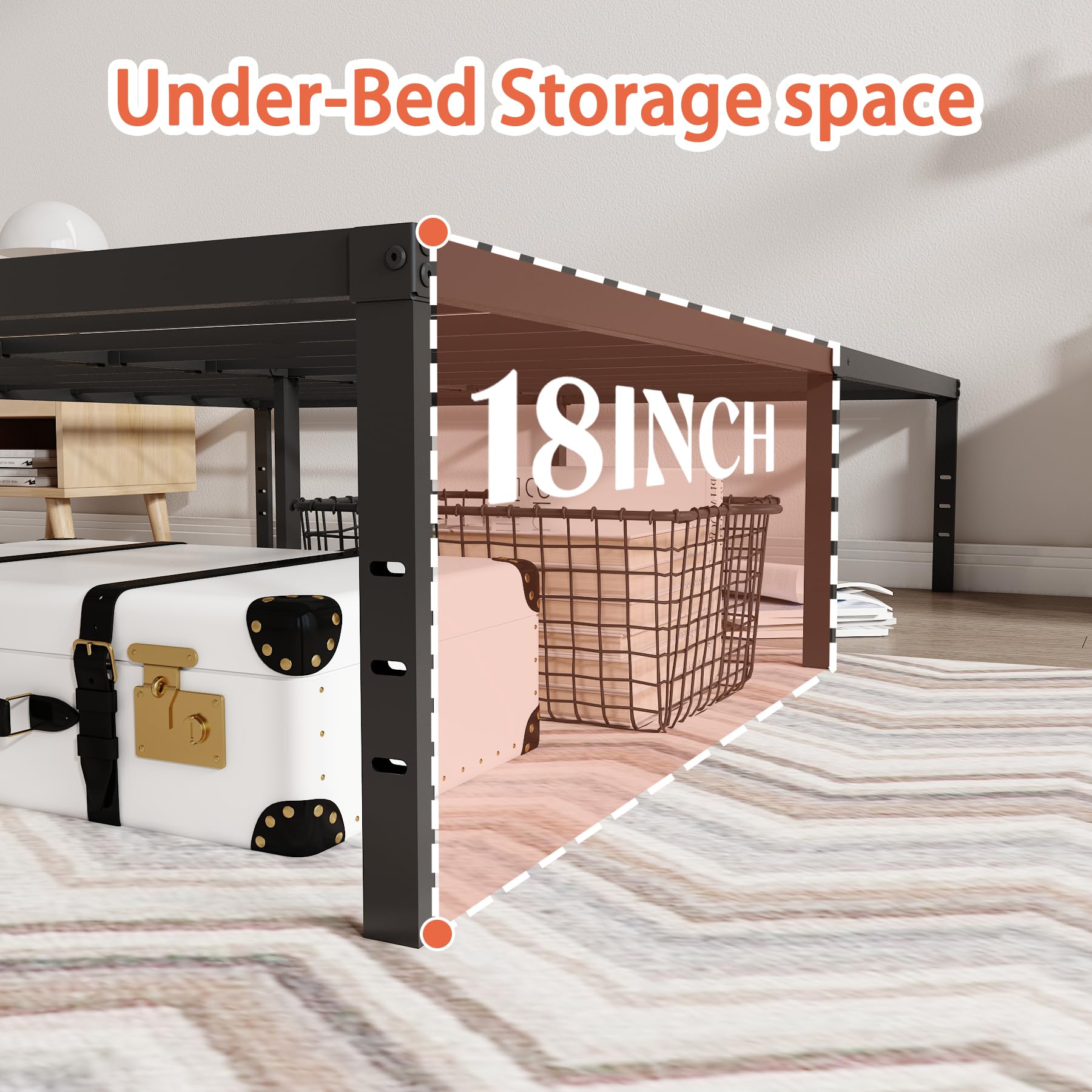Mavesmog King Size Bed Frame 18 inch High Metal Platform Heavy Duty King Bed Frame Sturdy Steel Slat Support Foundation Bed Frames, No Box Spring Needed, Under Bed Storage, Easy Assembly