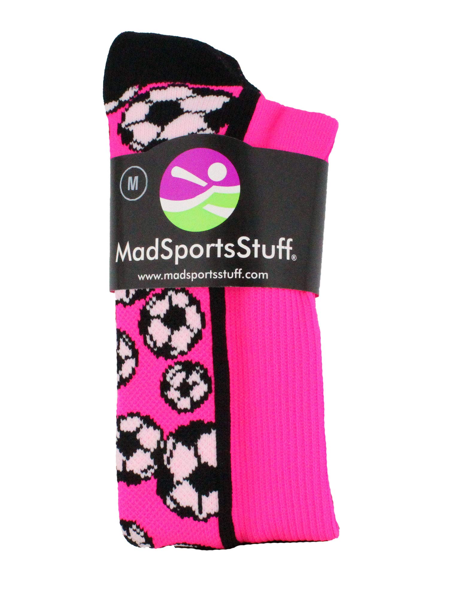 MadSportsStuff Crazy Soccer Socks with Soccer Balls over the calf (Neon Pink/Black, Medium)
