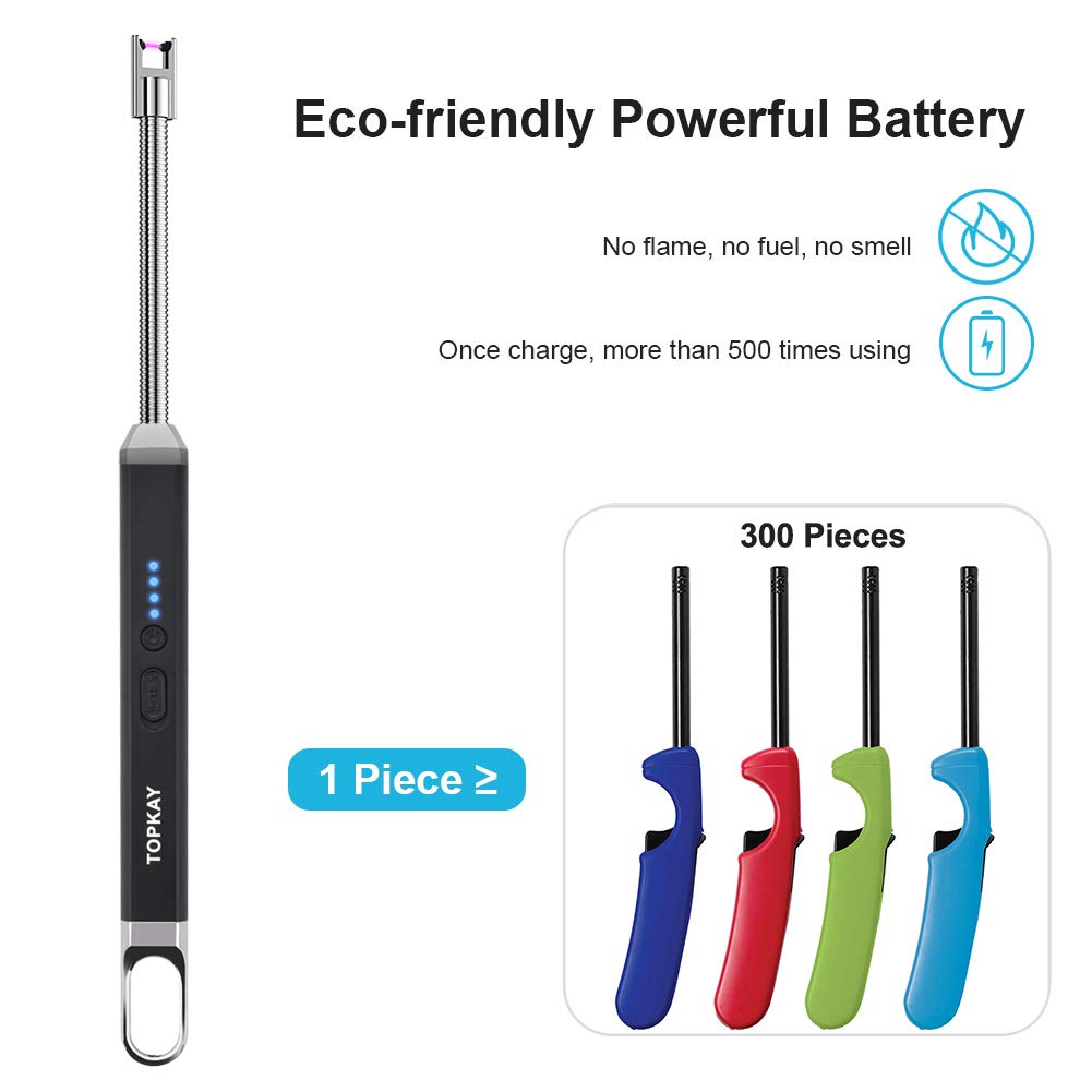 Lighter, Candle Lighter, Electric Lighter, Windproof USB Rechargeable Electronic Plasma Arc Lighter with Safety Lock, LED Battery Indicator, Long Flexible Lighter for BBQ, Grill, Fireworks (Black)