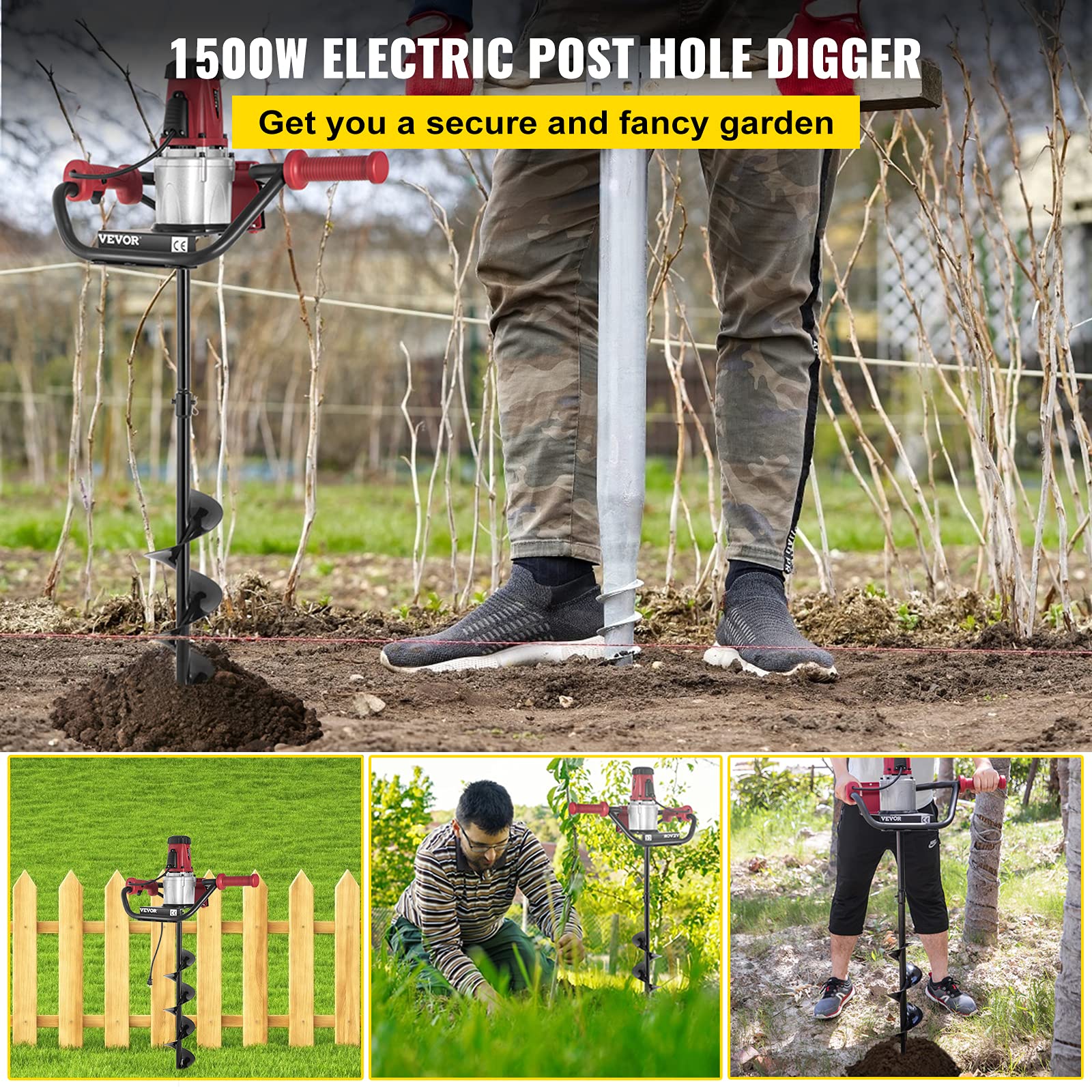 VEVOR Electric Post Hole Digger, 1500 W 1.6 HP Electric Auger Powerhead w/6" Bit & Swanson Tool Co PL001M Magnetic Post Level, Yellow, Includes Elastic Loop for Hands-Free Work