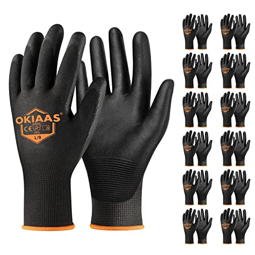 OKIAAS Work Gloves for Men,Ultra Thin and Lightweight Working Gloves with Grip, 12 Pairs Bulk Pack Construction Gloves with Polyurethane Coating, Safety Gloves for Light Duty Work (Black, Large)