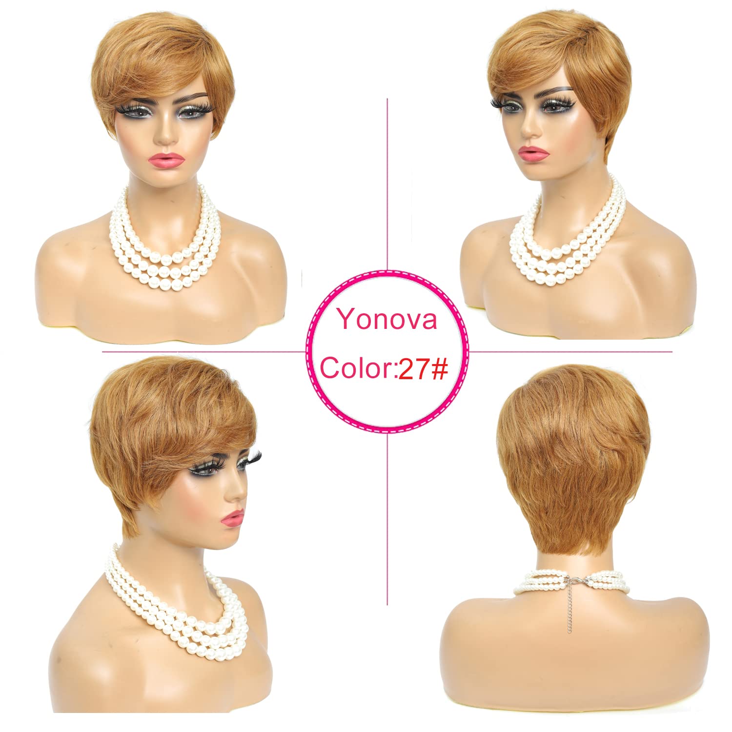 Yonova Pixie Cut Wig Human Hair for Women Short Wigs Layered Pixie Haircut Side Bangs Full Machine Made Gluless Natural Wavy Short Wig Black Color