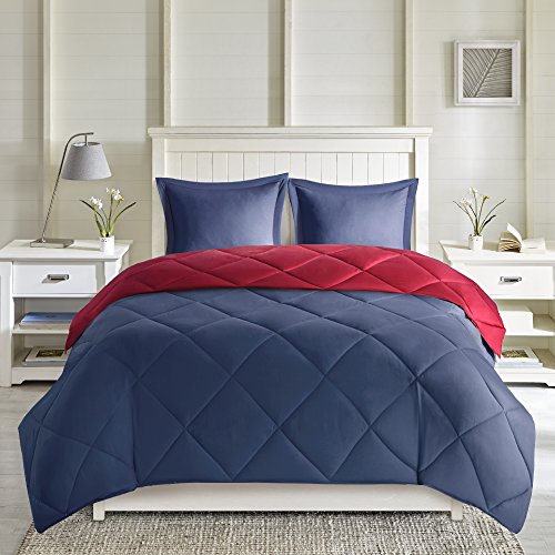 Madison Park Larkspur All Season Reversible Two Sides Down Alternative Set 3M Stain Release Comforters, Full/Queen, Red/Navy 3 Piece