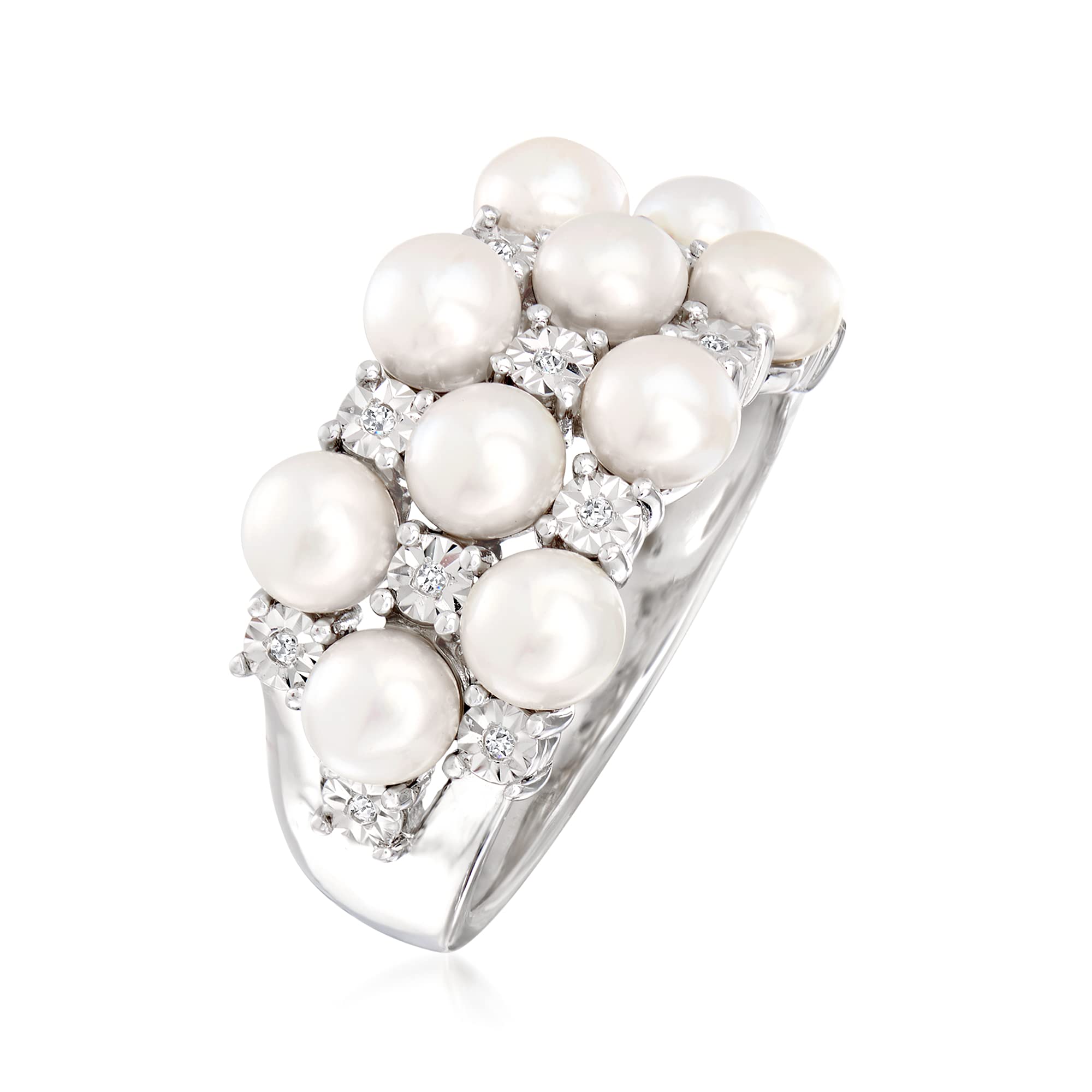 Ross-Simons 4mm Cultured Pearl Ring With Diamond Accents in Sterling Silver. Size 8