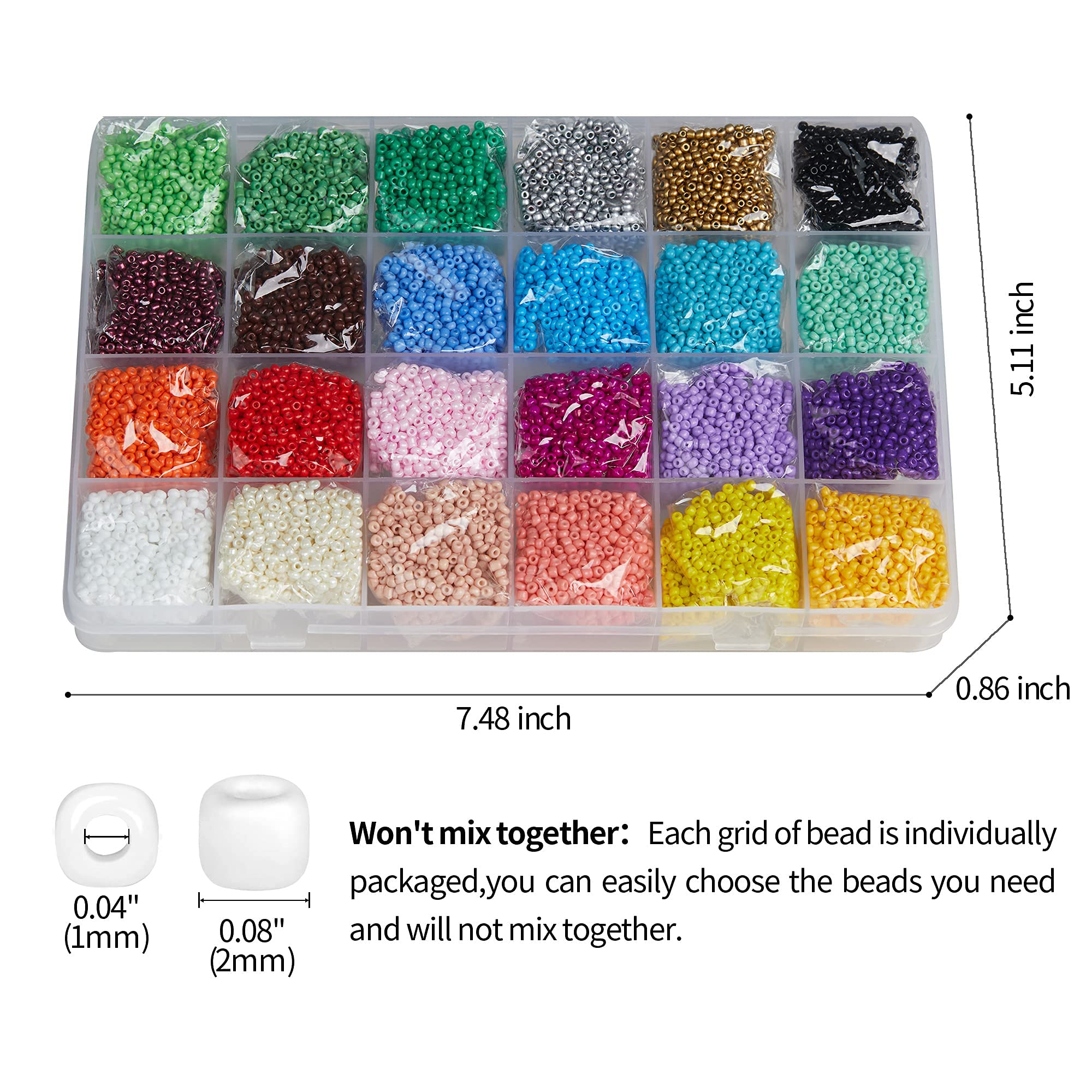 Moloni 2mm Glass Seed Beads for Bracelets, 28800pcs Small Beads for Craft Jewelry Making Kits 12/0 for Kids and Adults (24 Color)