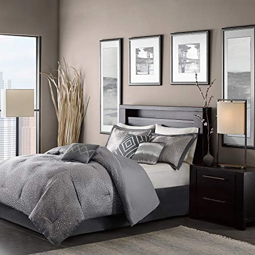 Madison Park Cozy Comforter Set - Trendy Design, All Season Down Alternative Luxury Bedding with Matching Shams, Decorative Pillows, Quinn, Sequins Jacquard Grey King(104"x92") 7 Piece