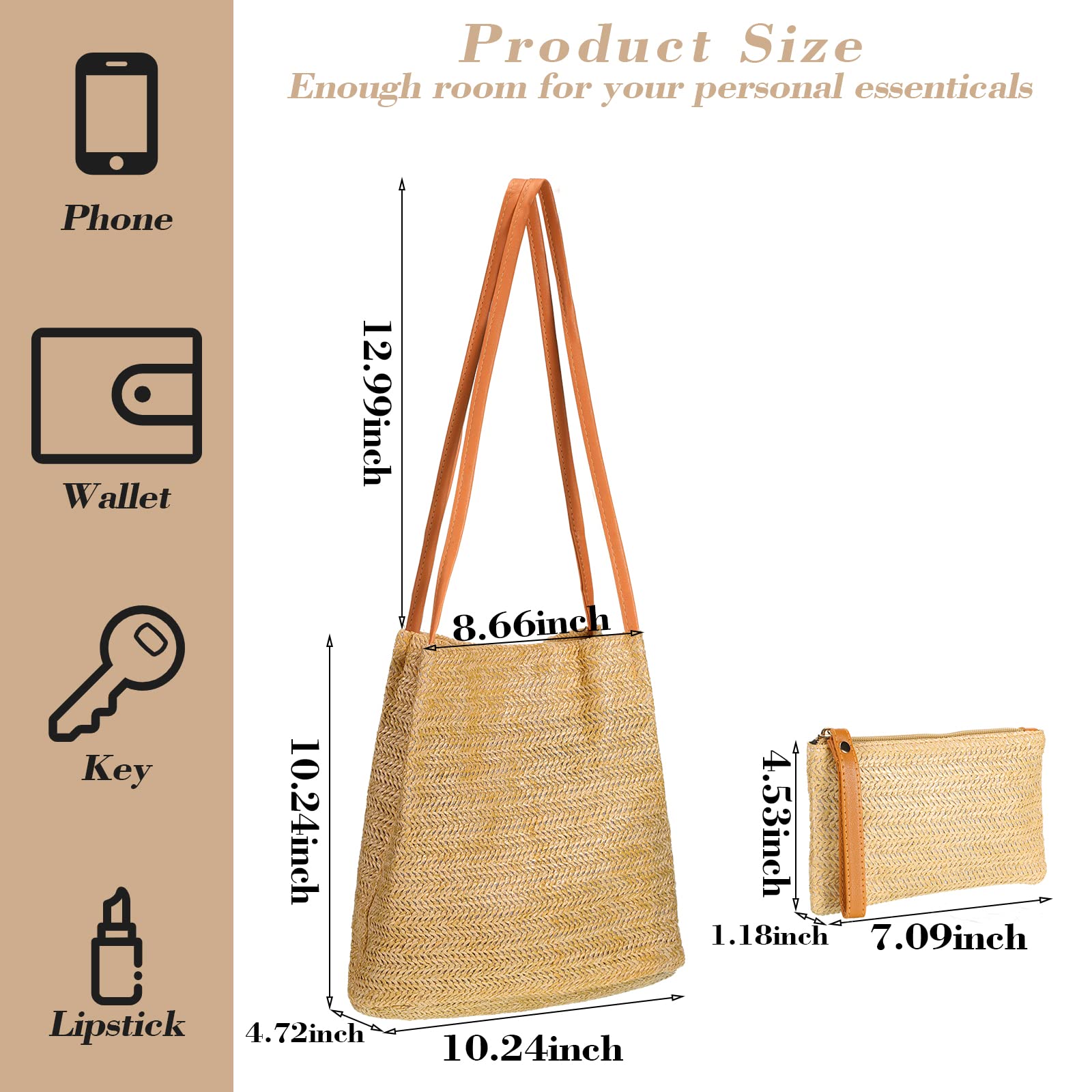 Straw Beach Tote Bag Straw Clutch Purse for Women Summer Beach Vacation Boho Handbag Shopping Shoulder Bag (Dark Beige)
