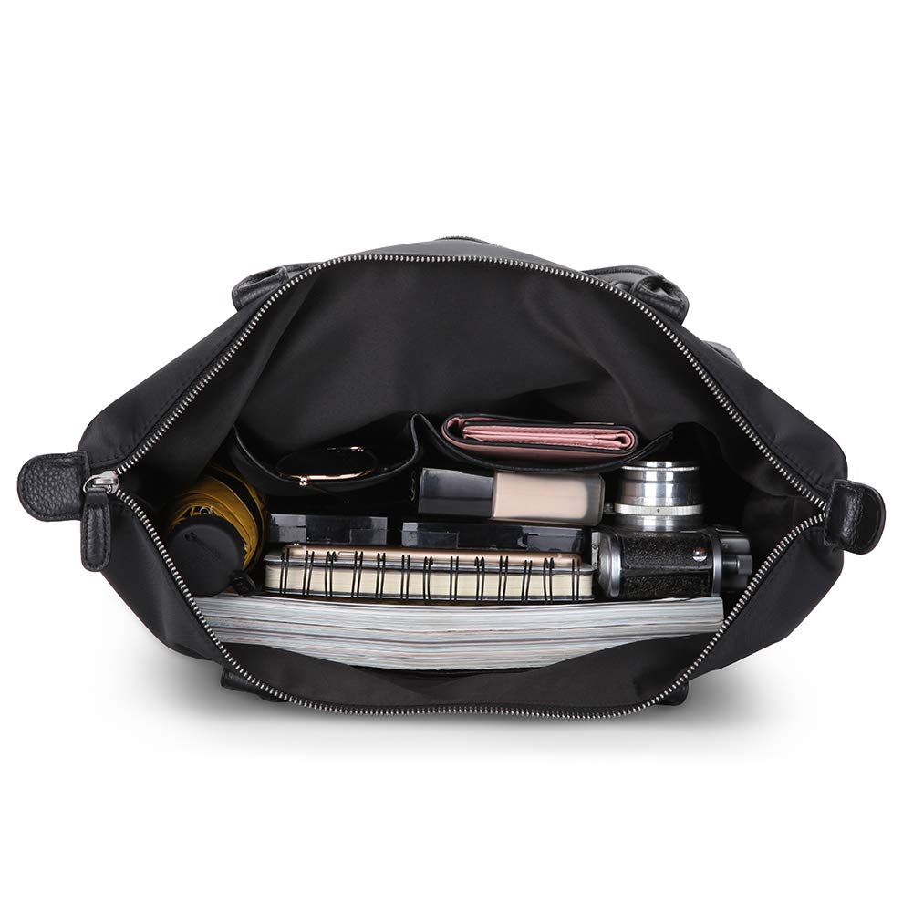Small Leather Bifold Wallet For Women Black+Large Lightweight Nylon Tote Bag for Women Black