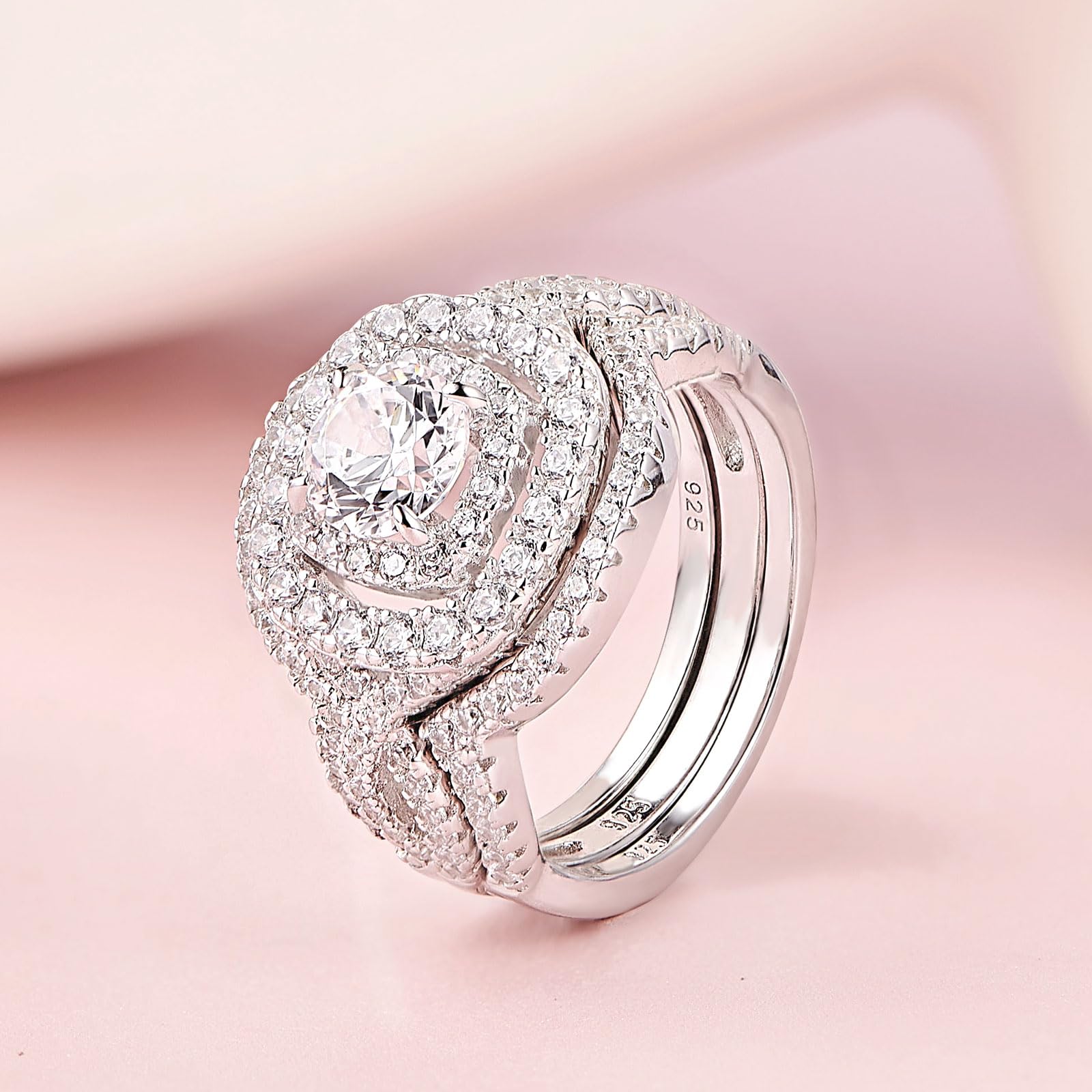 SHELOVES Engagement Wedding Ring Set for Women Double Halo Sterling Silver Round White AAAAA Cz Sz 9