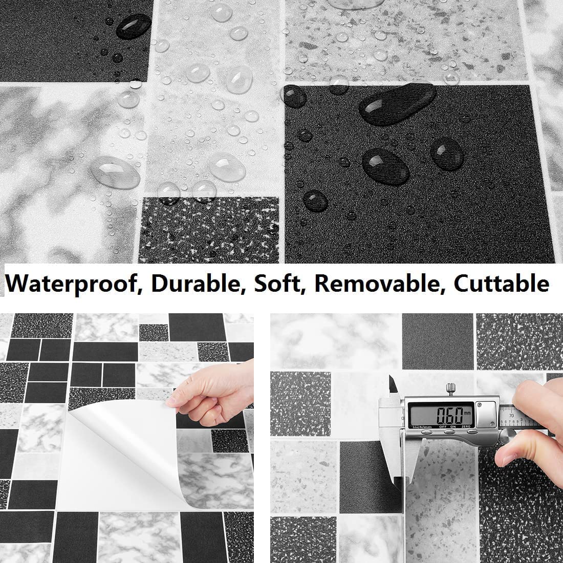 Livelynine Black and White Peel and Stick Floor Tile Bathroom Modern 4pcs 12x12" Grey Marble Self Adhesive Floor Tiles Peel & Stick Waterproof Vinyl Flooring Stick on Tile Floor Sheets Kitchen Shower