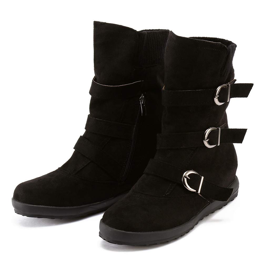 NOLDARES Boots for Women Winter Round-Toe Buckle Strap Zipper Boots Flats Low-Heeled Western Combat Mid Calf Boots Black, 9