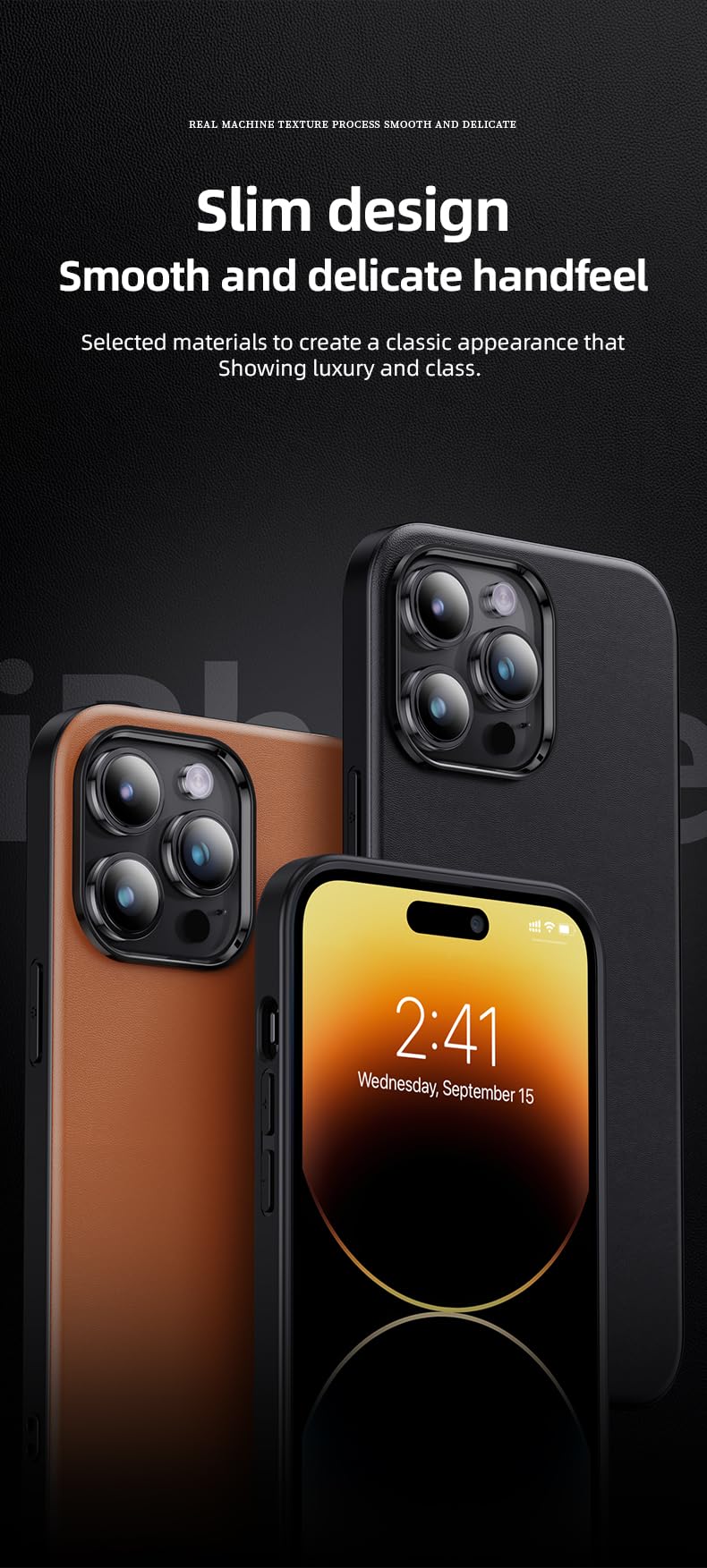 Leather ShockGuard Pro iPhone 15 Case with a Free Screen Protector (Black, iPhone 15 Pro)
