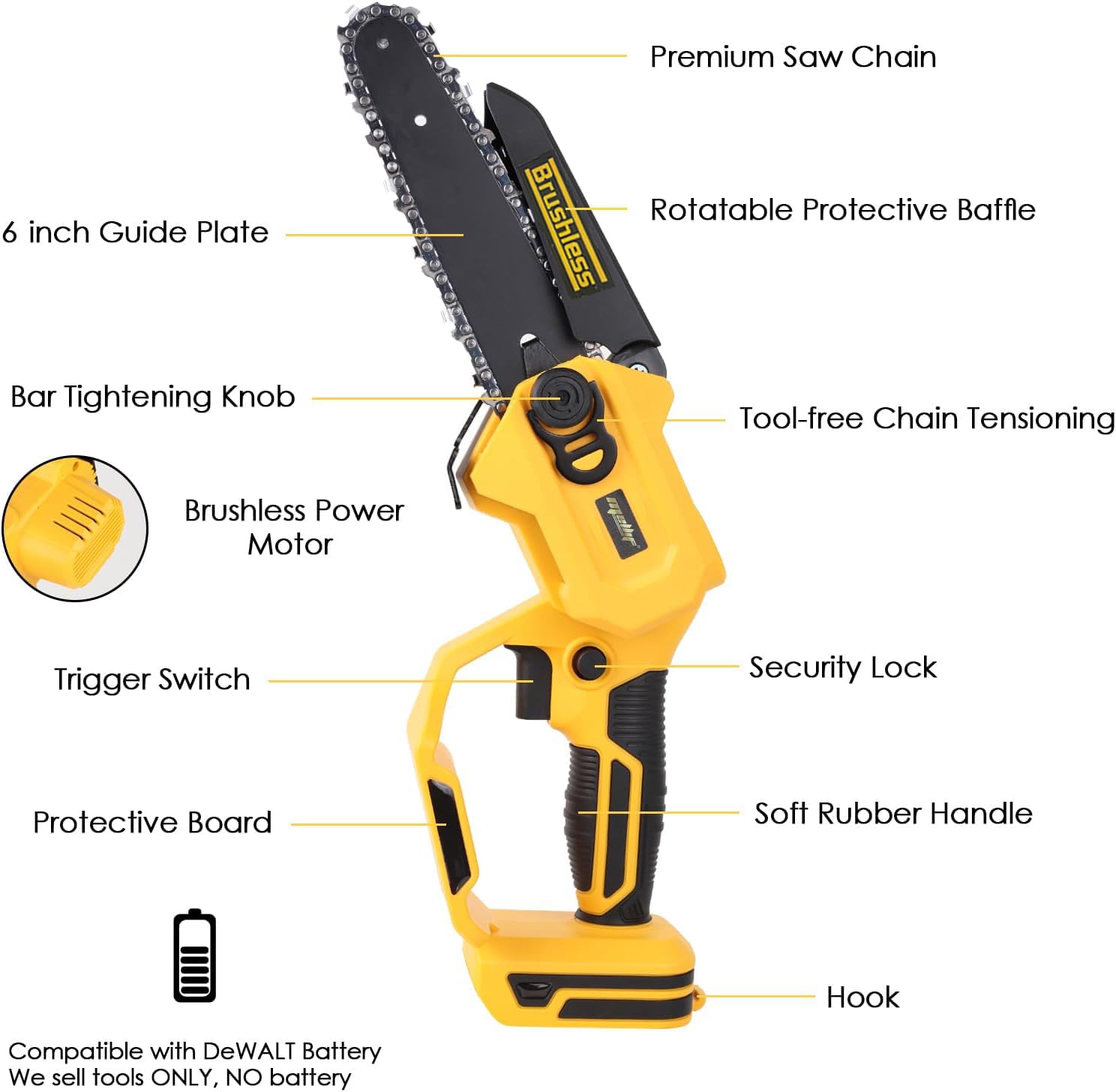 Mellif Cordless Power Chainsaw for Dewalt 20V Max Battery (Battery NOT Included) 6-Inch Hand-held Mini Pruning Saw with Brushless Motor & Replacement Chain for Wood Cutting | Tree Trimming | Camping