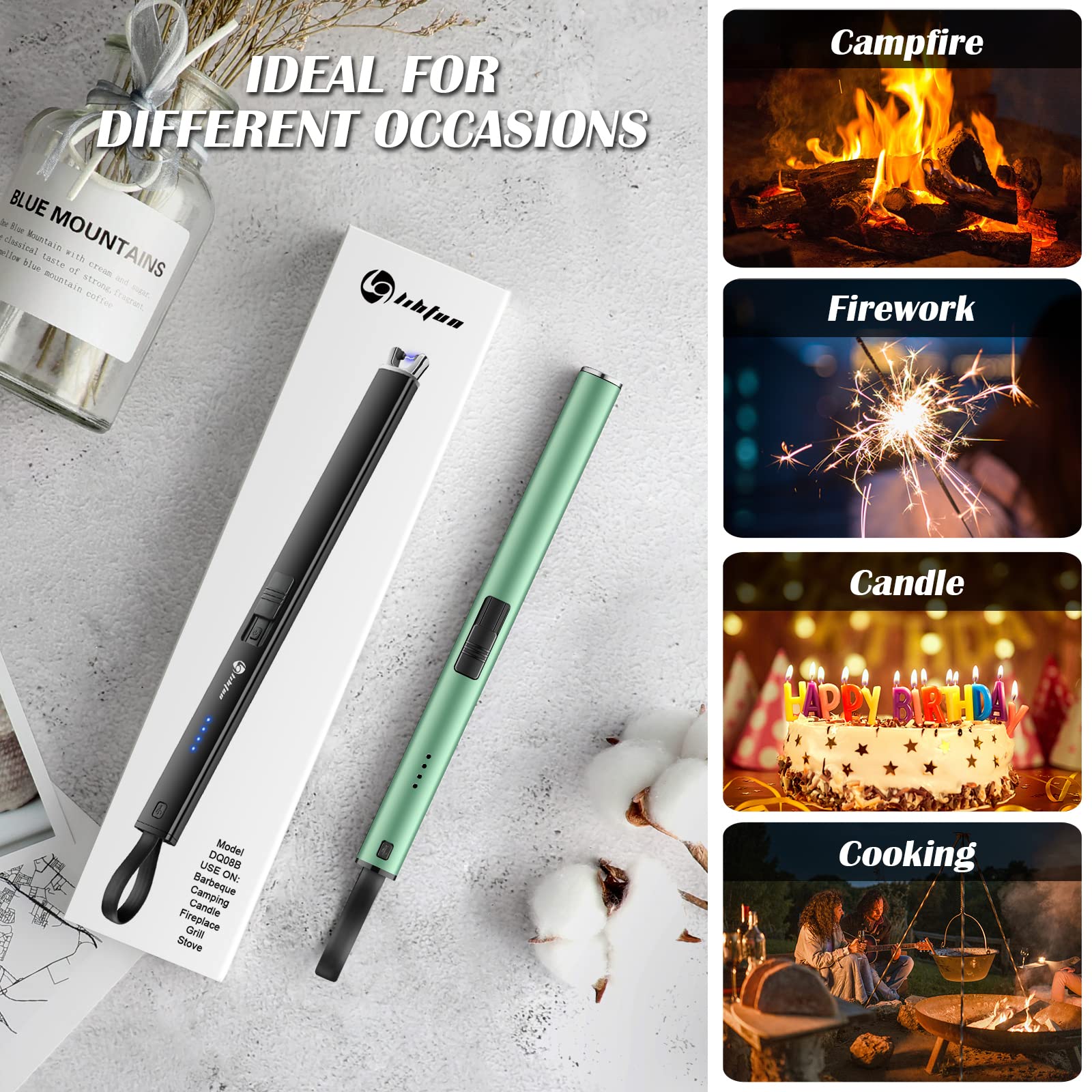 LIHTUN Candle Lighter, Windproof Electric Lighter with LED Battery Display Safety Lock, Flameless Rechargeable Lighter with Built-in USB Cable, Plasma Arc Long Lighter for Candle BBQ Camping Lighters