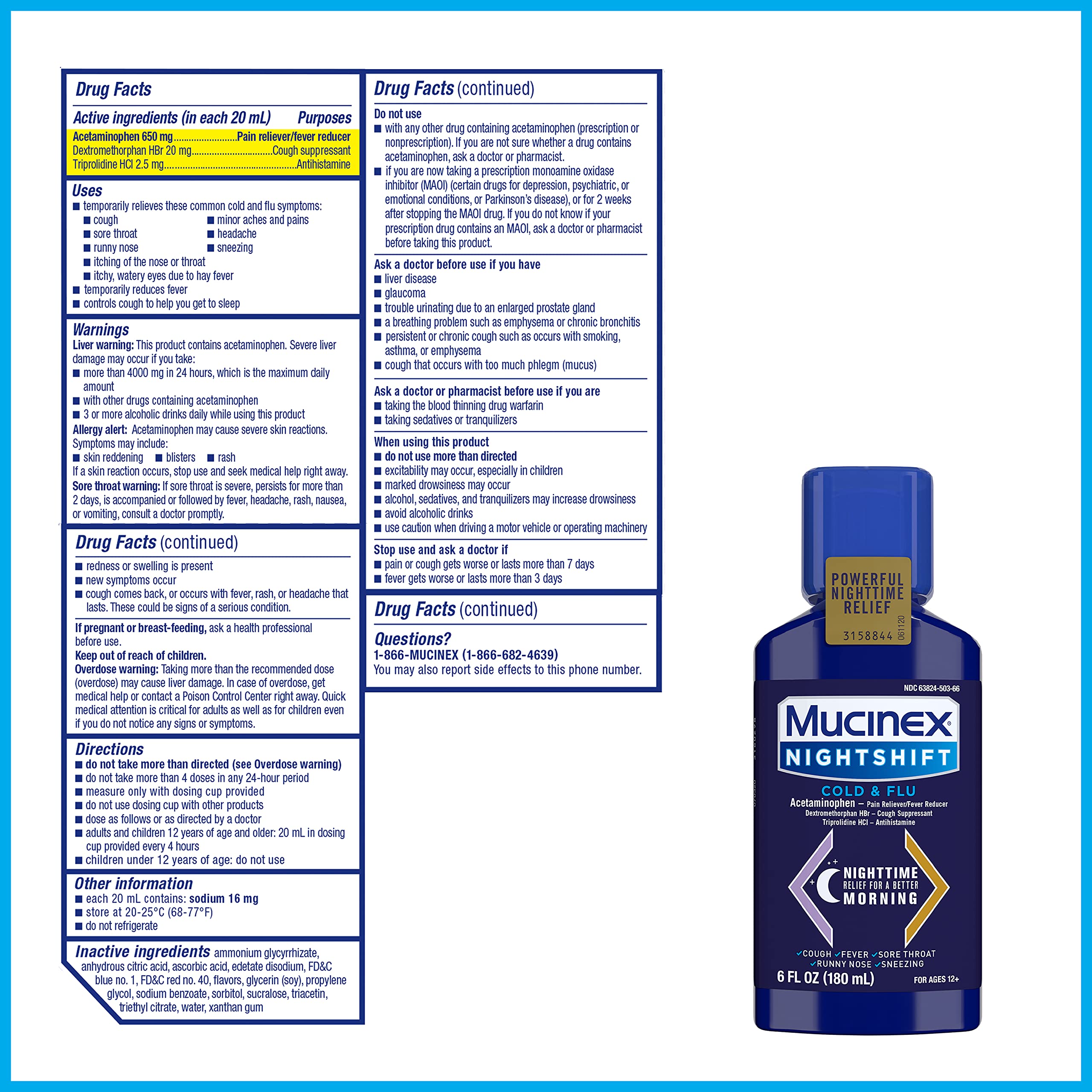 Mucinex Nightshift Cold & Flu Liquid 6 fl. oz. Relieves Fever, Sneezing, Sore Throat, Runny Nose, and Cough (Pack of 6)