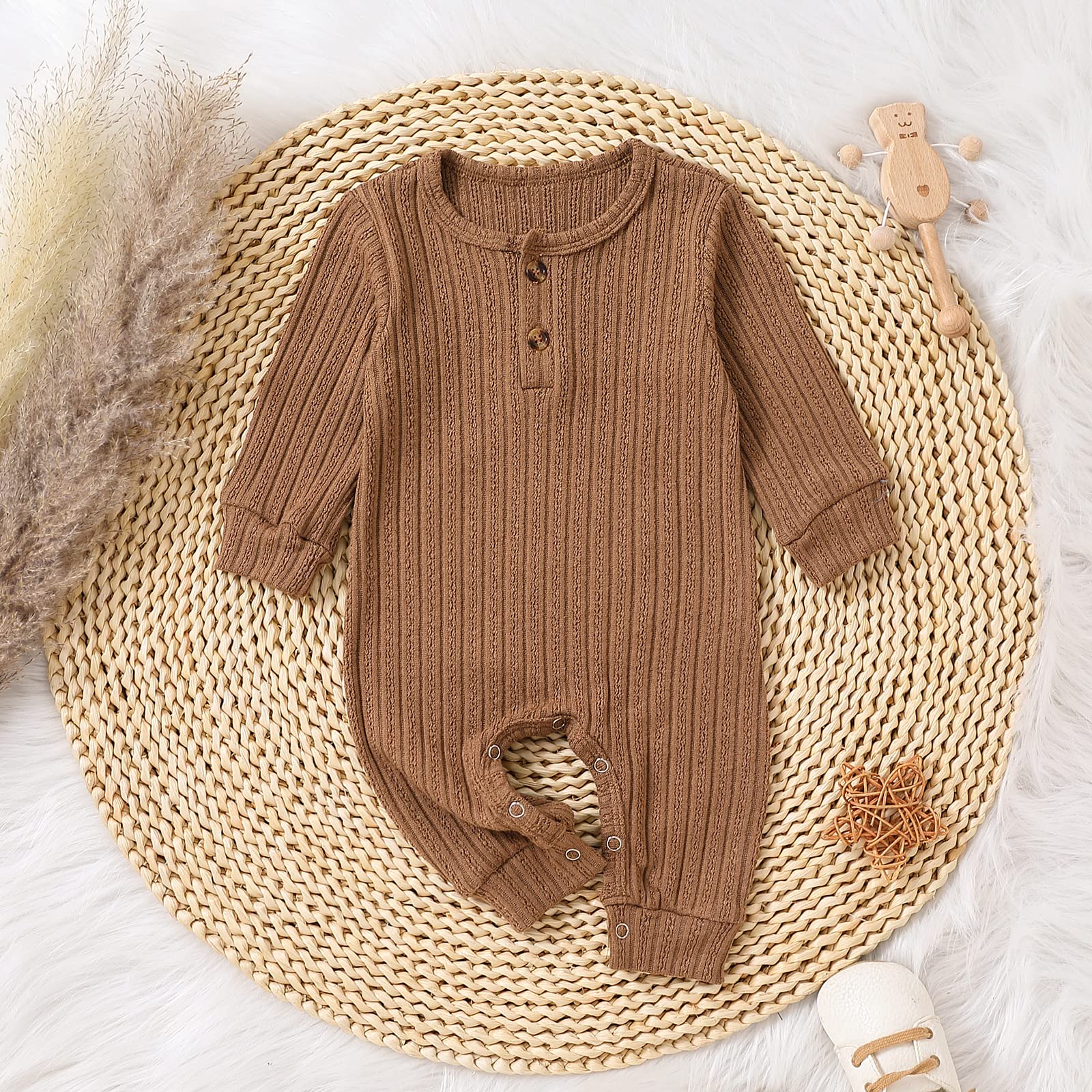 Yookoom Baby Boys Girls 2 Pack Solid Romper Long Sleeve Knit Cotton Button One Piece Jumpsuit Outfits Clothes,Blue+Coffee,0-3M