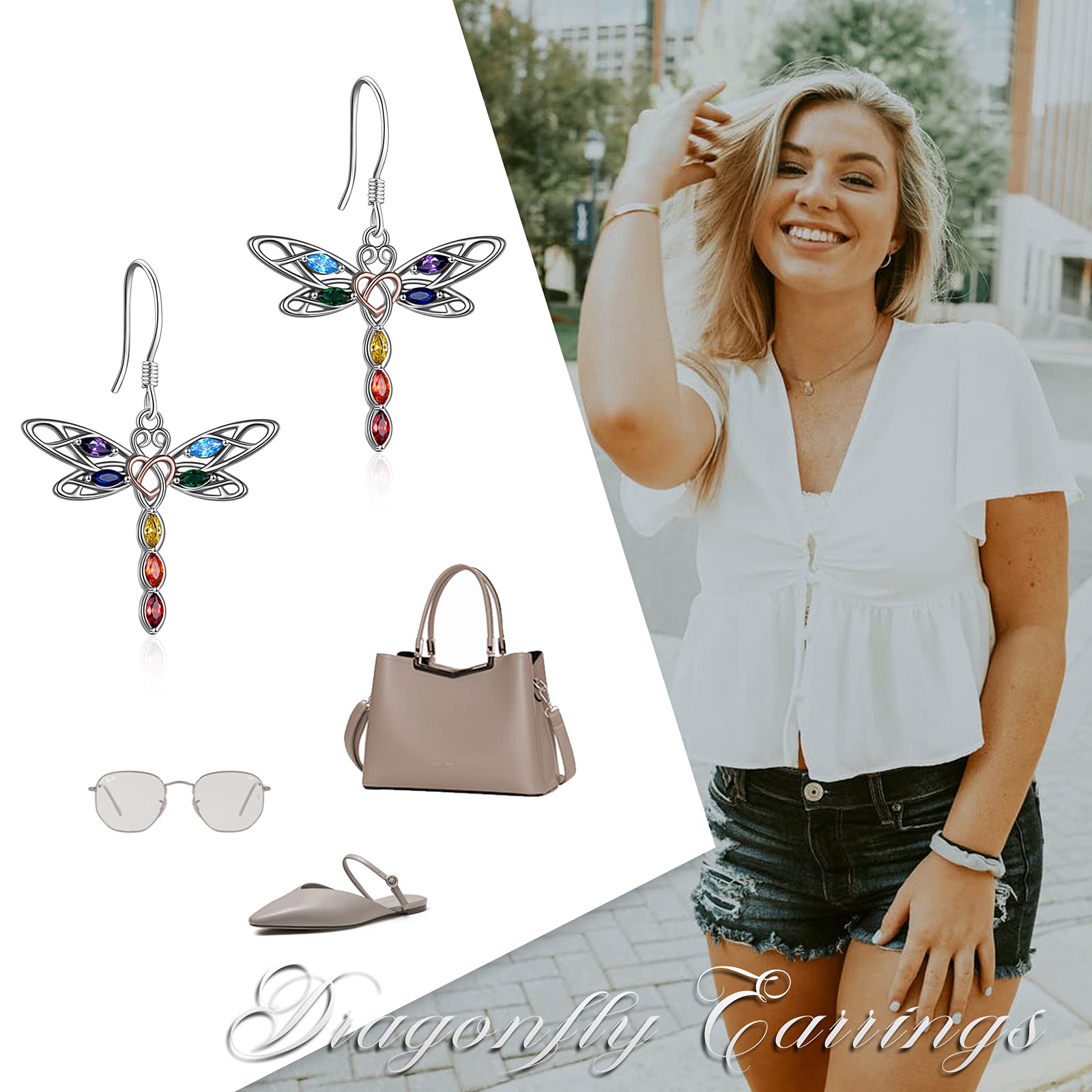 POPLYKE Dragonfly Dangle Earrings for Women Sterling Silver Celtic Knot Dragonfly 7 Chakra Irish Jewelery Gifts(dragonfly 7 chakra earrings)