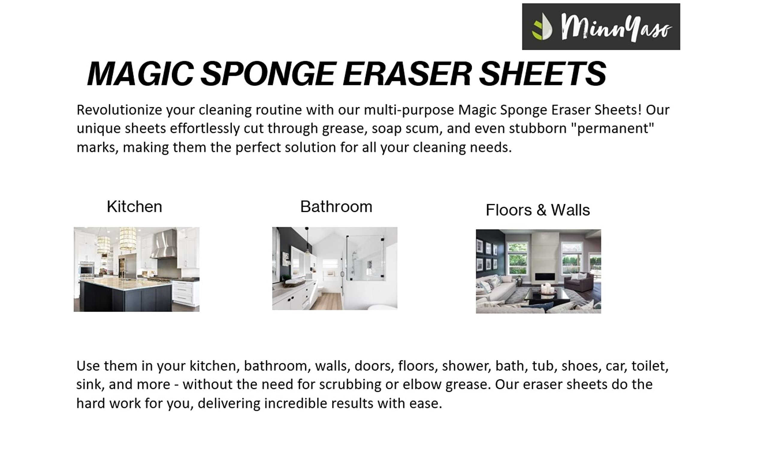 MinnYaso 100 Pack Extra Large - Extra Thick - Super Durable Magic Sponge Eraser Sheets 7.25" x 4.5" x 0.12" | All Purpose Household Cleaner Pads for Kitchen, Bathroom, Floors, Walls, Sink, Toilet
