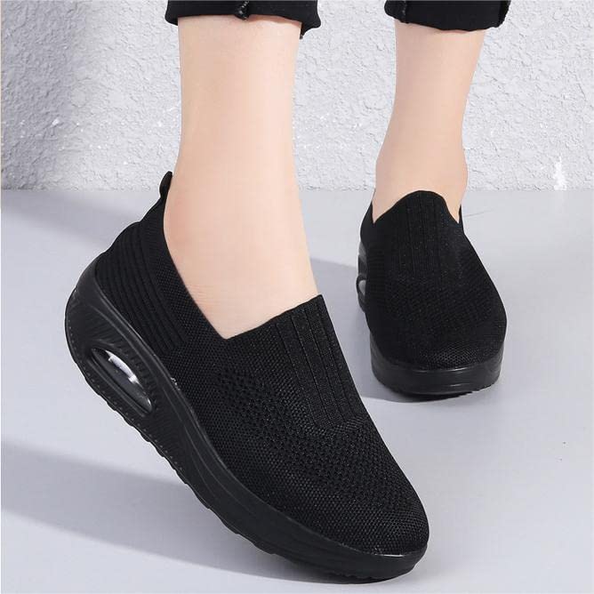 MUMMUG Womens Orthopedic Sneakers, Slip-On Air Cushion Platform Mesh Walking Sneaker (Black,7.5)