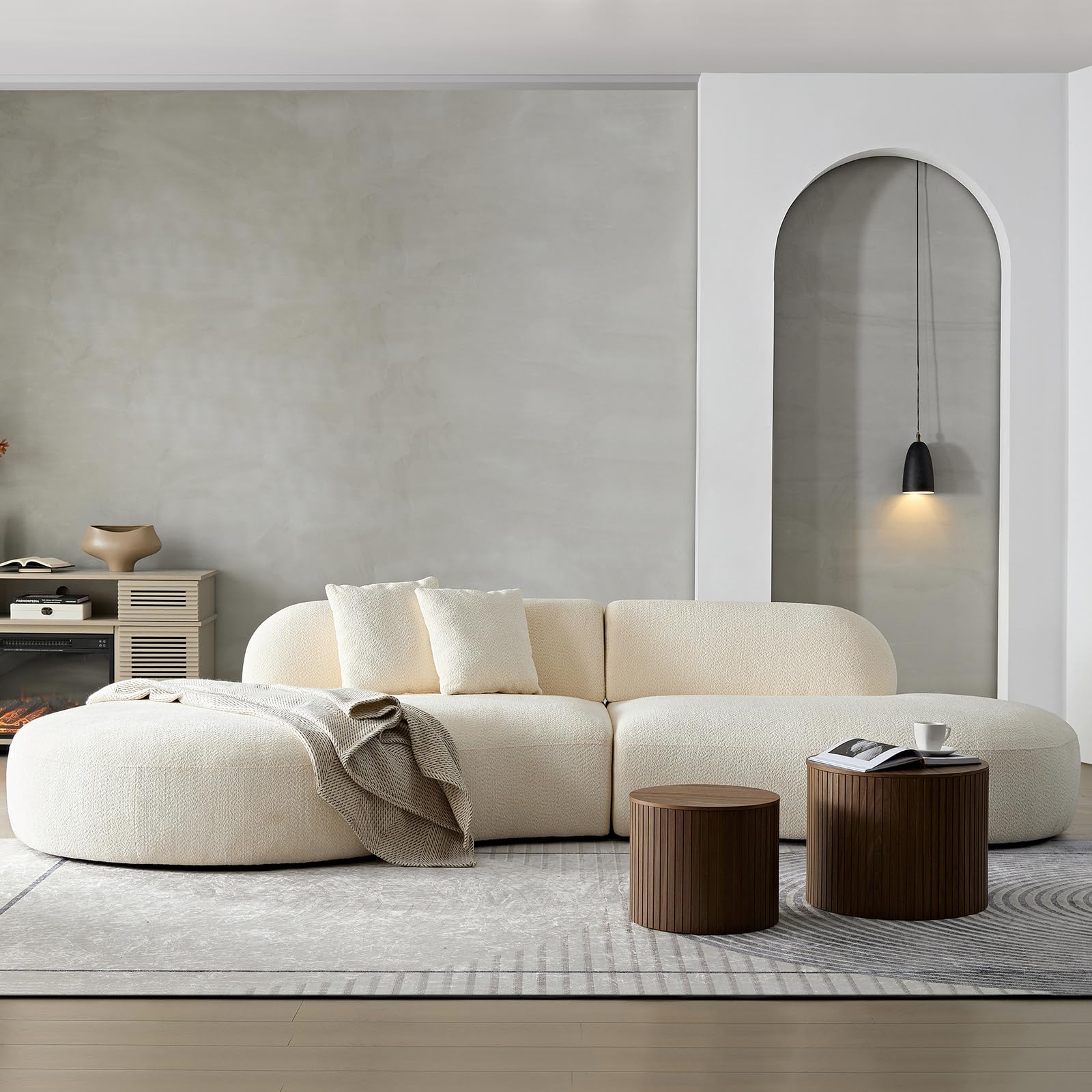 YOPENG 135.4" Curved Modular Sectional Sofa,Modern Boucle Fluffy Cloud Couch with Chaise,Oversized 6 Seater Extra Deep Comfy Upholstered Couches for Living Room,Apartment,2 Pillows,Left Facing,Beige