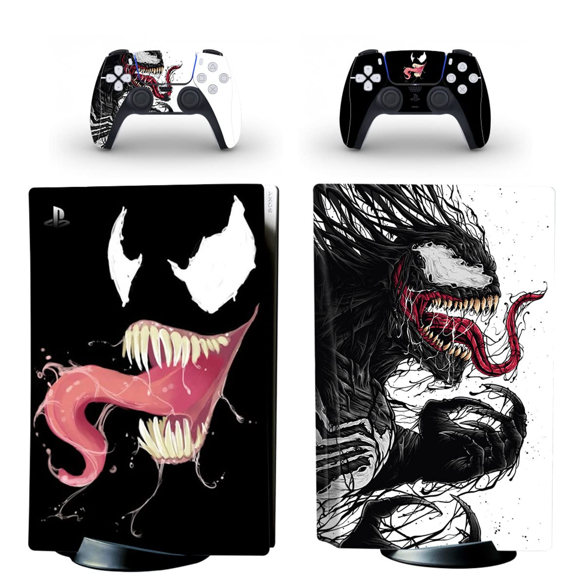 PS5 Skin Sticker for Console and 2 Controllers Full Vinyl Decal Protective Cover Faceplate for Venom Compatible with PS5 Disk Edition, for Adults Men Boys, Black