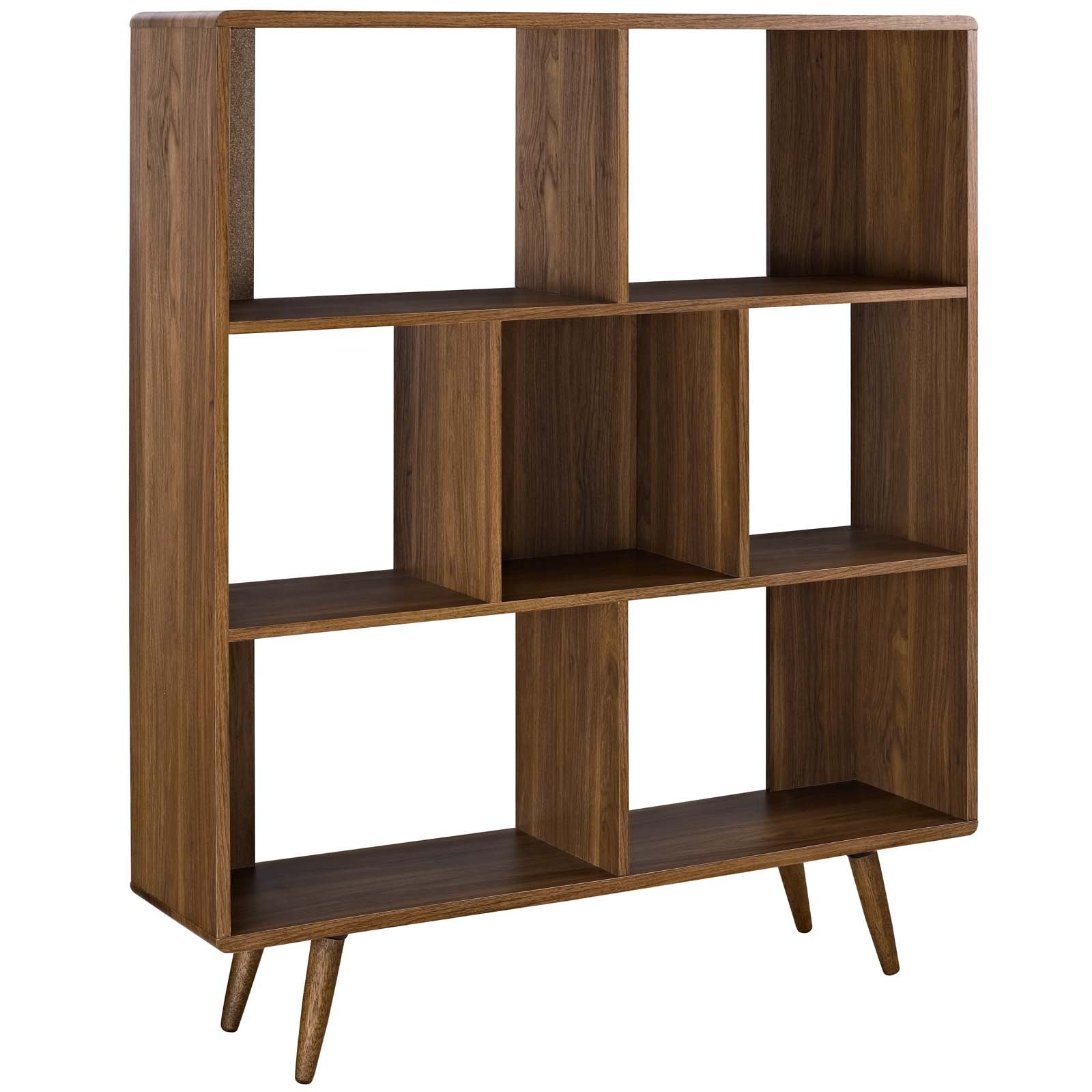 Modway Transmit Mid-Century Offset Cube Wood Bookcase in Walnut & Render Mid-Century Modern Two-Tier Display Stand in Walnut