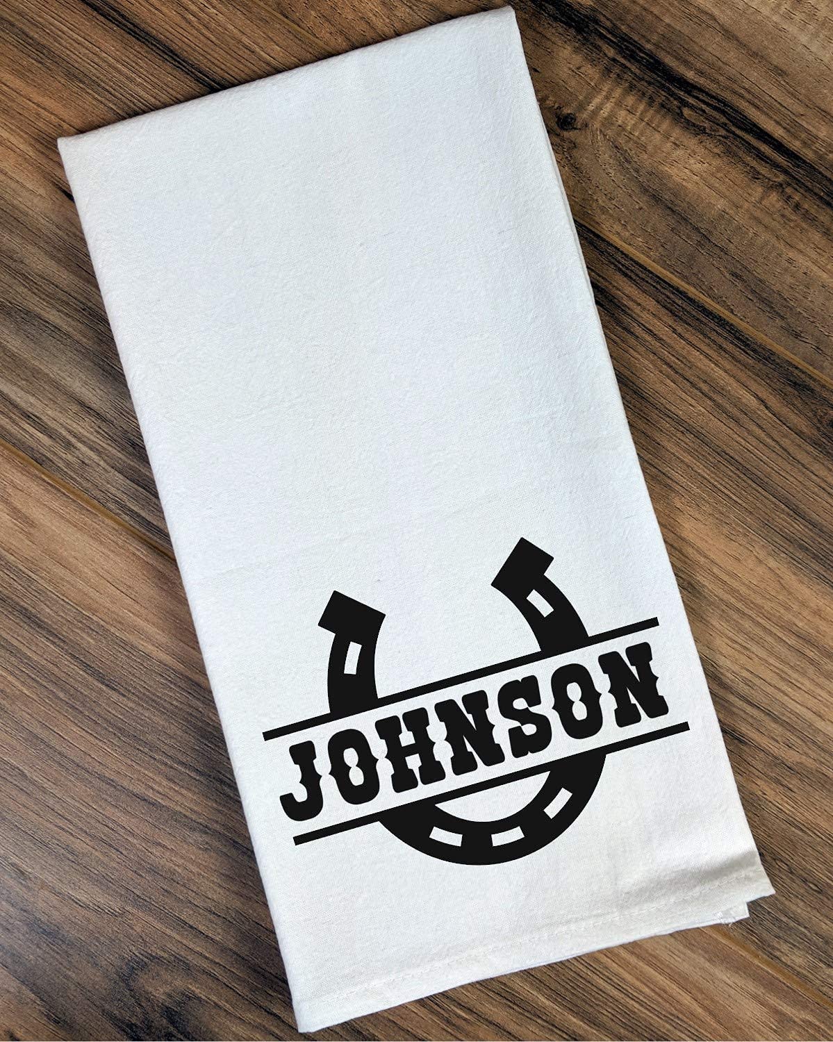 Personalized With Your Name - Flour Sack, Tea Kitchen Dish Towel - Cowboy, Western, Split Horseshoe Custom Decor
