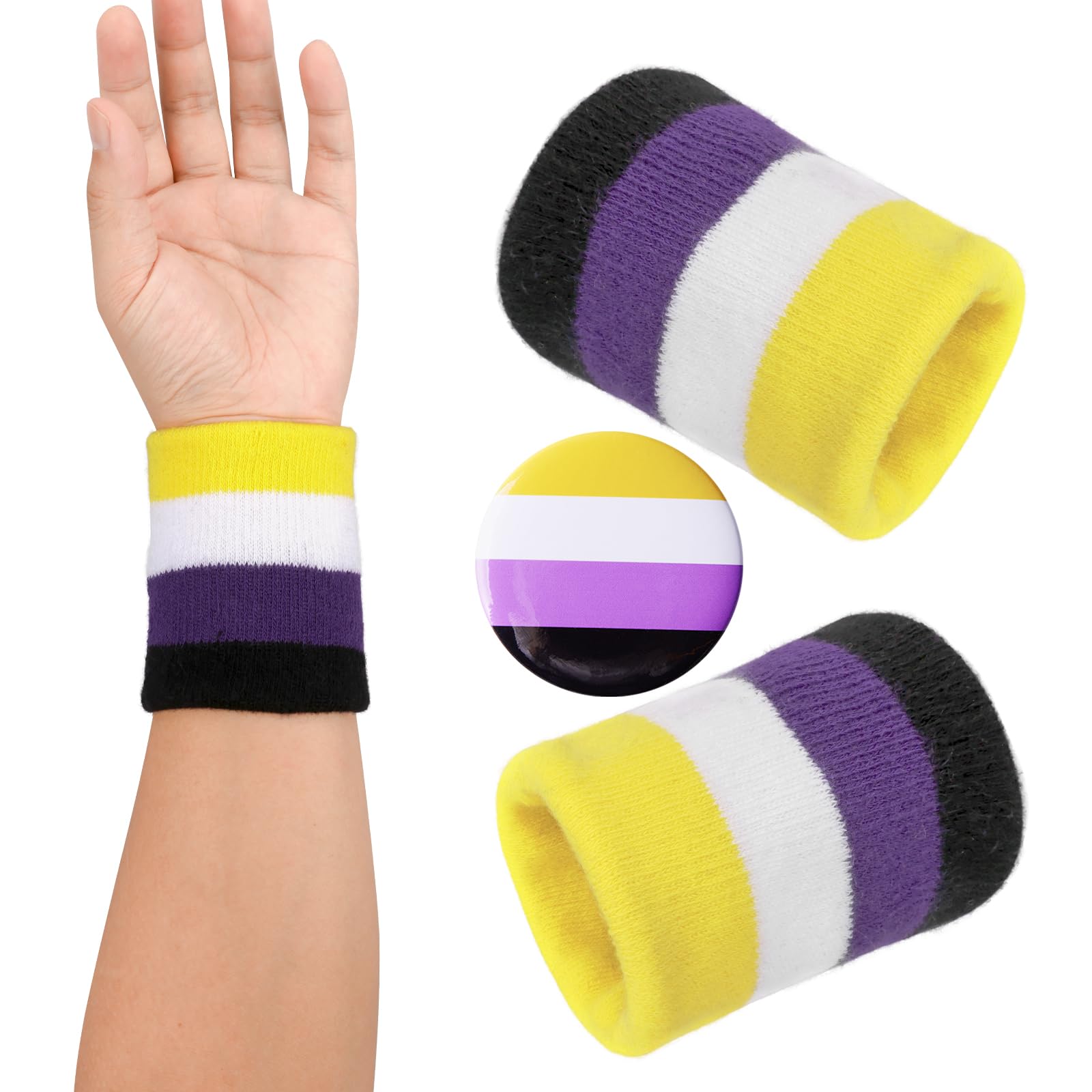 Non Binary Sweat Band Wristbands 2pcs Set-with 1pc Fre Nonbianry Flag Pin Gay Pride Stuff Gifts Lgbtq Accessories for Nonbinary Teen Pride Day Month Parade Activities multicolor