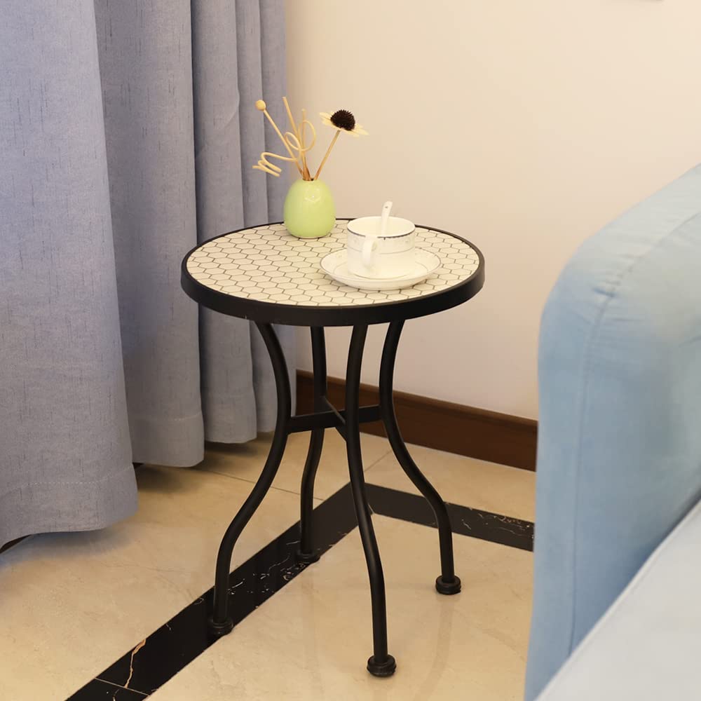MEMAEMO Outdoor Side Table Round Small End Tables with 14" Ceramic Tile Top Metal Scrollwork Accent Table,Mosaic Coffee Tea Table for Patio, Porch, Garden, Pool (White)
