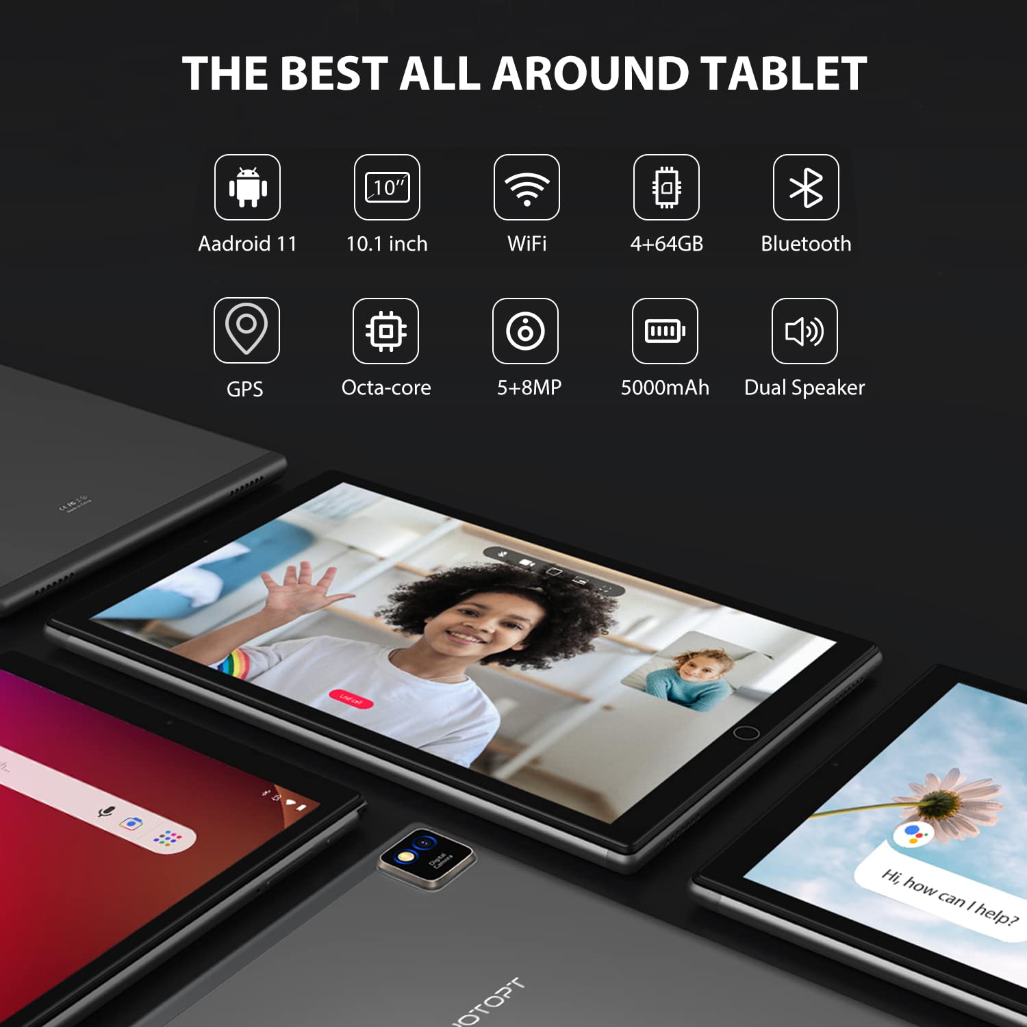 YOTOPT Tablet 10.1 inch Android 11 Tablets, Octa-Core 64GB ROM 4GB RAM 1 TB Expand Tablet, 2.5D IPS HD Touch Screen, 8MP Camera, WiFi, GPS, FM, U10 Android Tablets WiFi Only