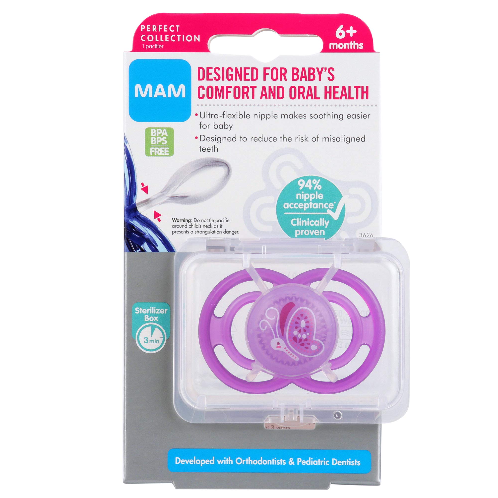 MAM Perfect Baby Pacifier, Patented Nipple, Developed with Pediatric Dentists & Orthodontists, 1 Pack, 6-16 Months, Girl