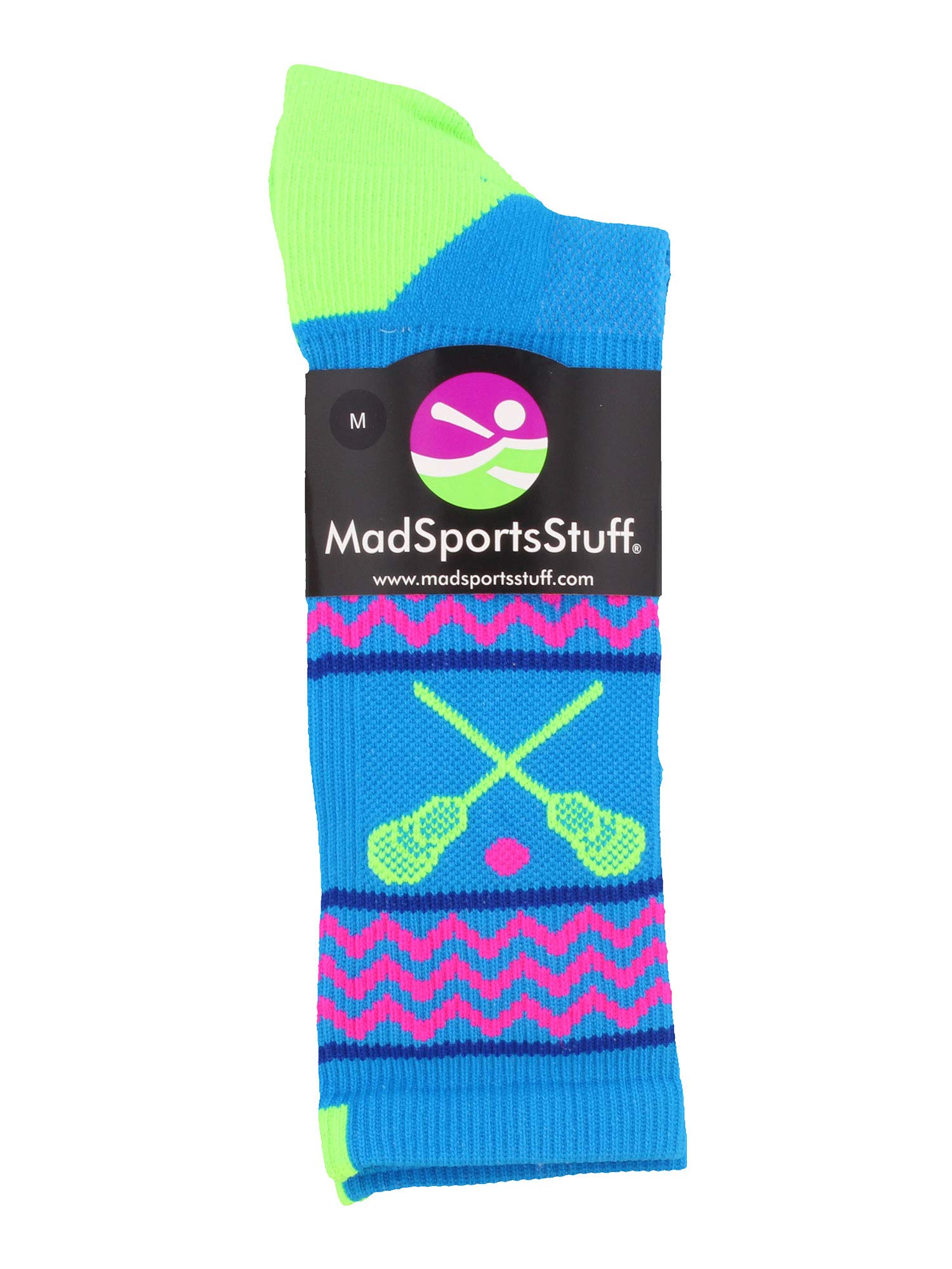 MadSportsStuff Chevron Girls Lacrosse Socks with Lacrosse Sticks Athletic Crew Socks (Electric Blue/Neon Green, Small)