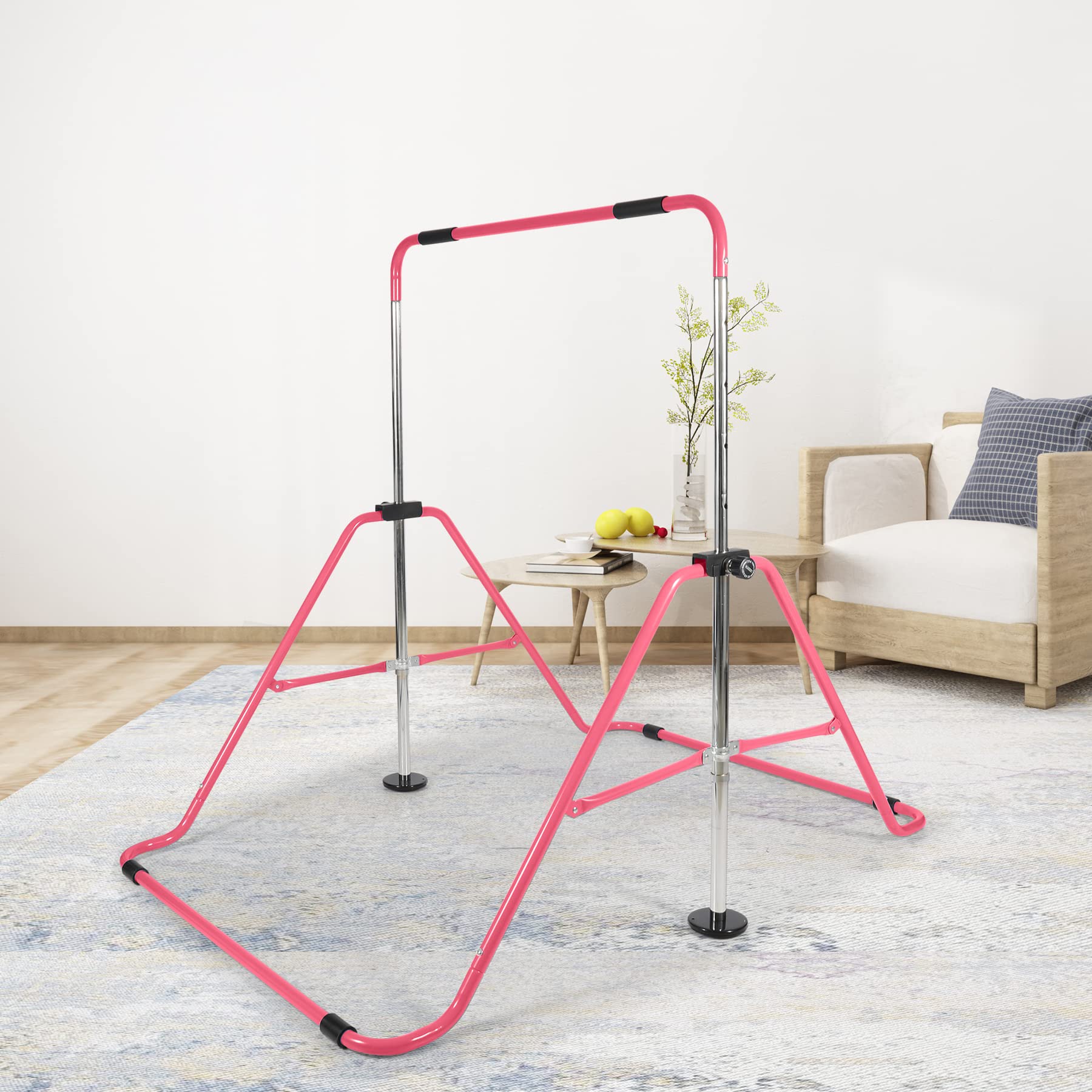 RedSwing Foldable Kids Gymnastics Bar, Adjustable Height Gymnastic Horizontal Bar for Toddler Ages 8-12, Stable Children Training Bar for Home, Easy to Assemble, Pink