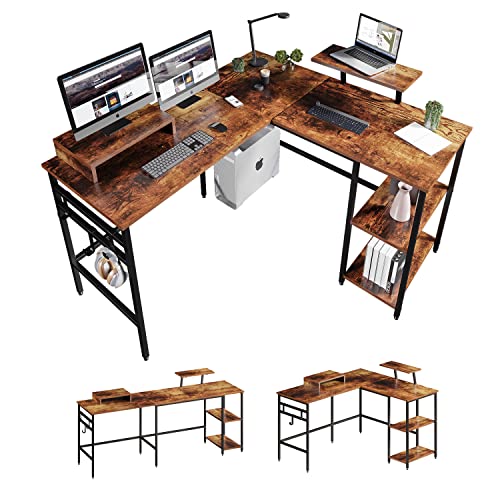 Wildhome 51" L Shaped Desk & Long Desk,Corner Gaming Desk with Monitor Stand, Home Office Workstation Table,2 Person Computer Table,Home Office Desks with 3 Headphone Hook (Vintage Oak Finish)