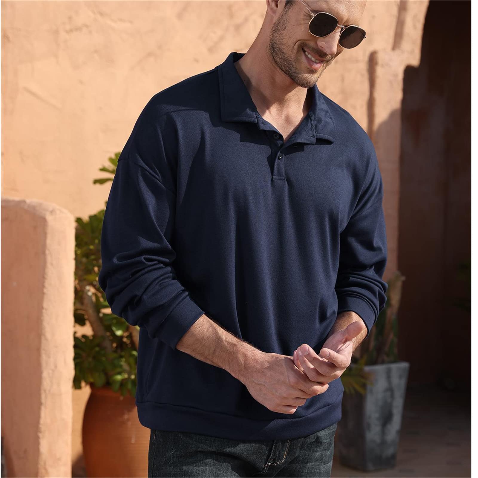 Opomelo Men's Long Sleeve Solid Polo Shirts -Fashion Casual Golf Shirt Collared T Shirts Navy Blue