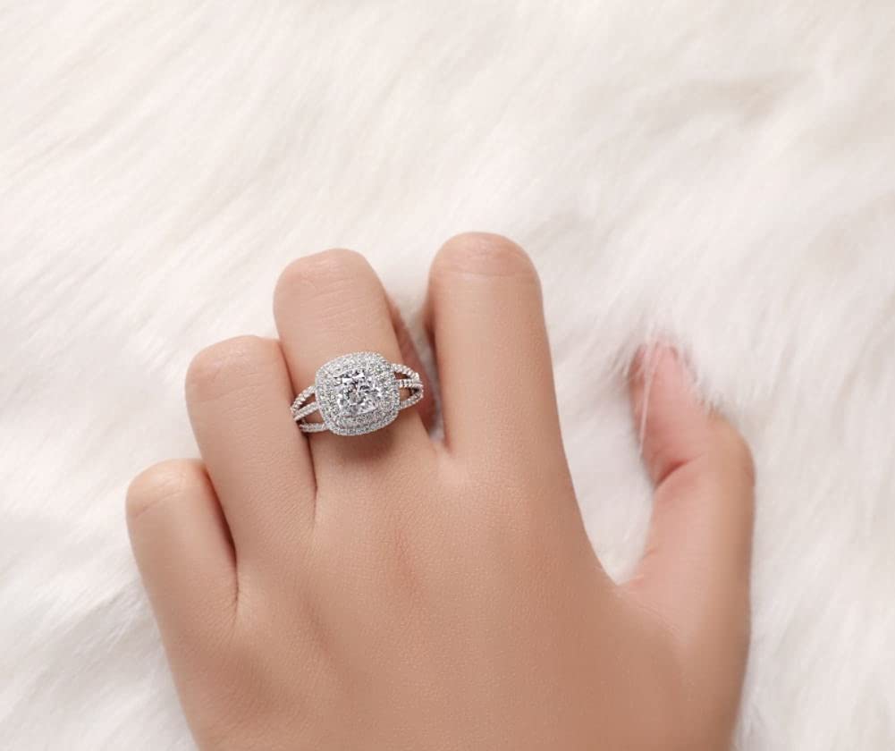 SUNLIAT Engagement Ring for Women, 925 Sterling Silver Cushion Cut Cubic Zirconia Halo Wedding Promise Ring for Her Simulated Diamond Anniversary Ring