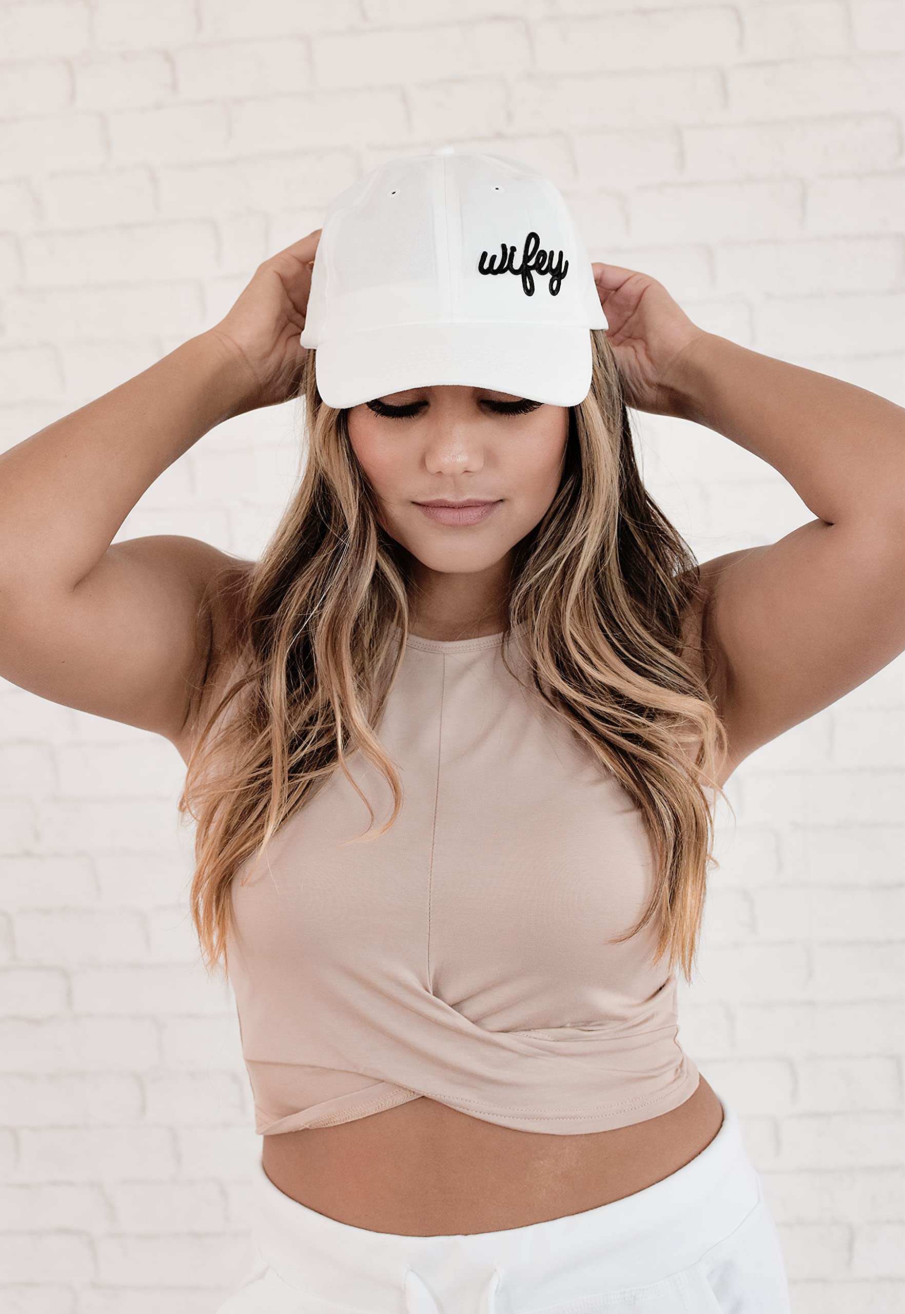 ModParty Wifey Hat | Bride Baseball Cap | White Cap with Embroidered Patch | Honeymoon Wedding Gift Idea | Adjustable Buckle Women’s Hat