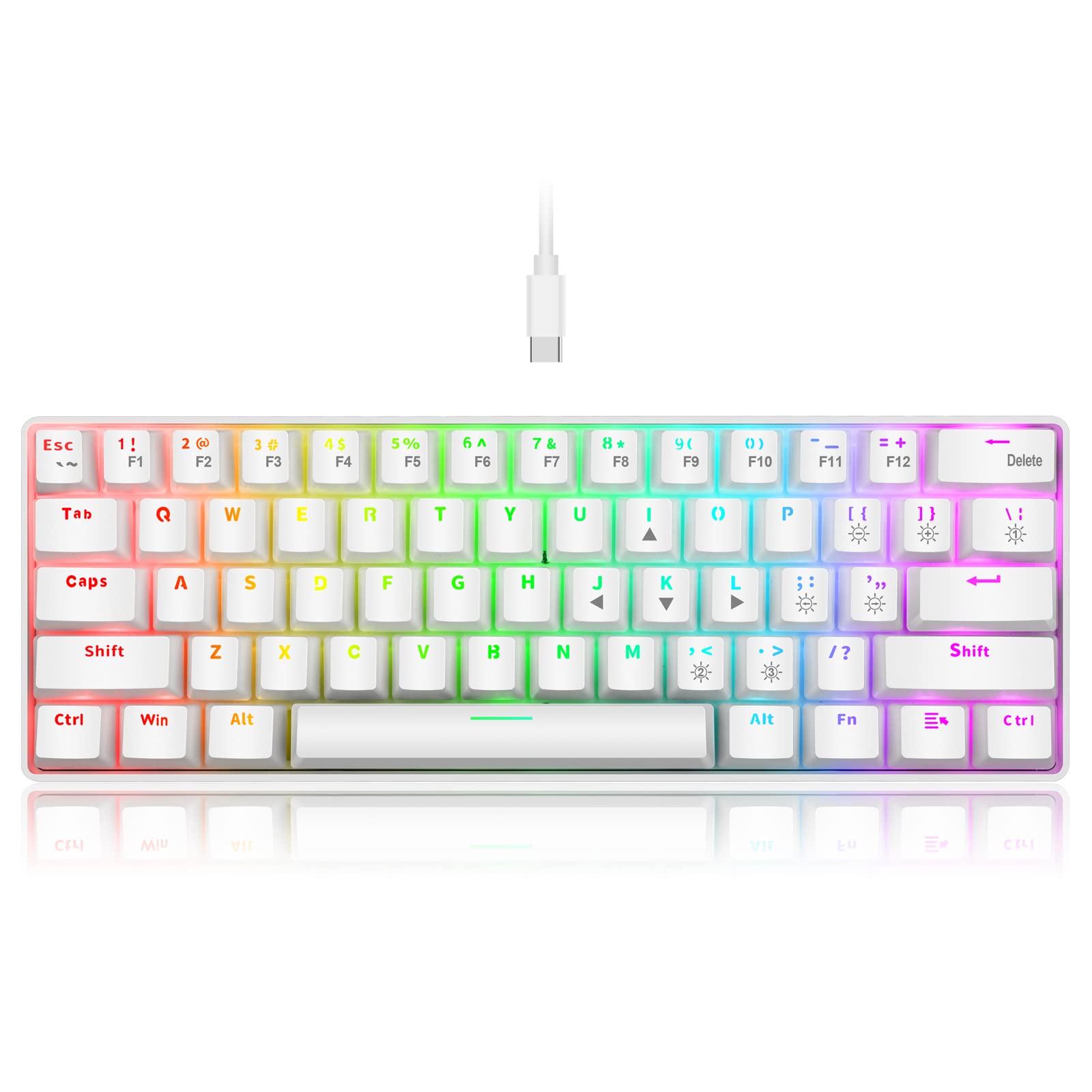RedThunder 60% Wired Mechanical Gaming Keyboard, 61 Keys Ultra-Compact Keyboard, PBT Keycaps, RGB Backlight for PC (Red Switch, White)