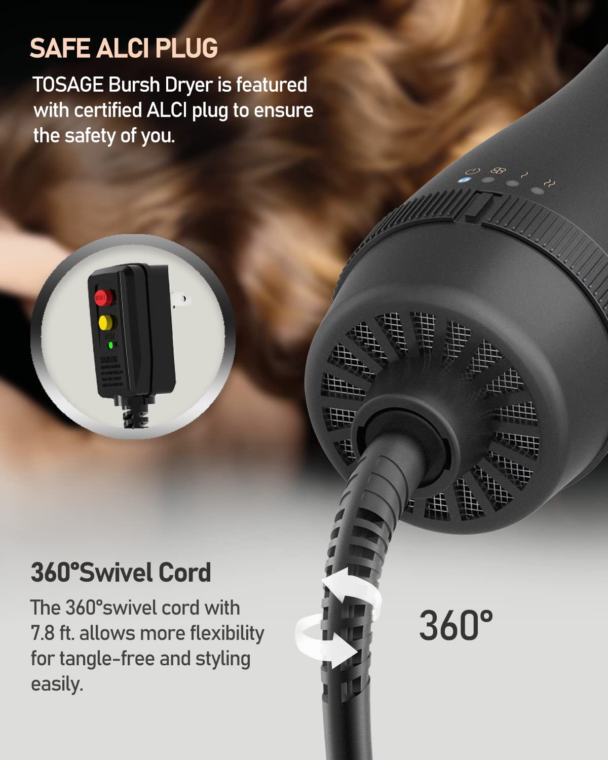 TOSAGE Hair Dryer, 1100 Watt, Black, with Far Infrared Heat and Negative Ion Technology, Titanium Oval Brush, Adjustable Airflow, Mixed Bristle, Multiple Settings