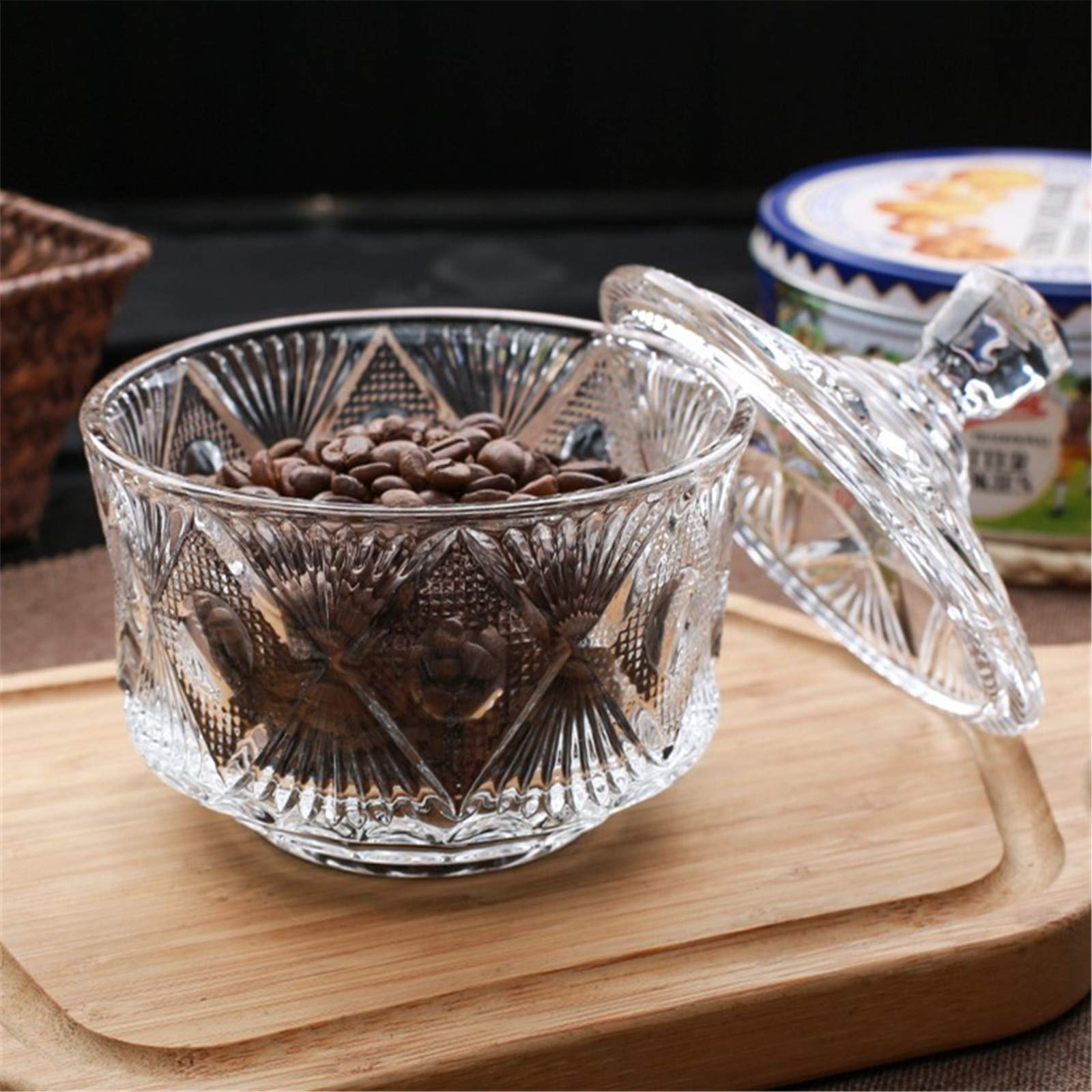 Old Glass Candy Dish with Lid – Transparent Storage Jar –Clear Covered Box for Food Storage and Organization Kitchen , Office , Home Decoration– Set of 1(Diameter: 5 Inch) 11 Ounce