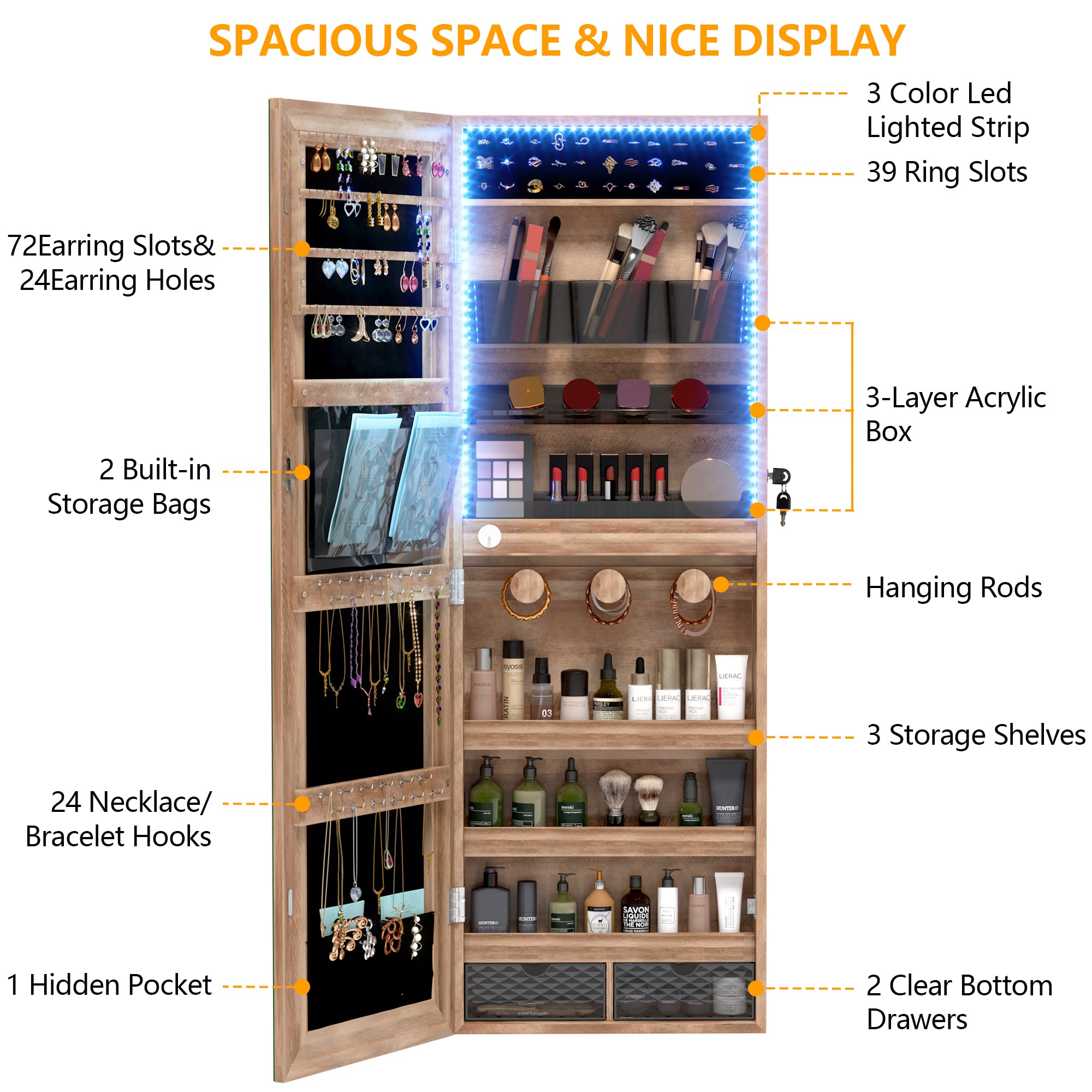 LVSOMT 3 LEDs Mirror with Jewelry Storage, Hanging Jewelry Organizer Mirror, Wall Mount Full Length Mirror Jewelry Cabinet with Inner Makeup Mirror, Updately Light Strips, White