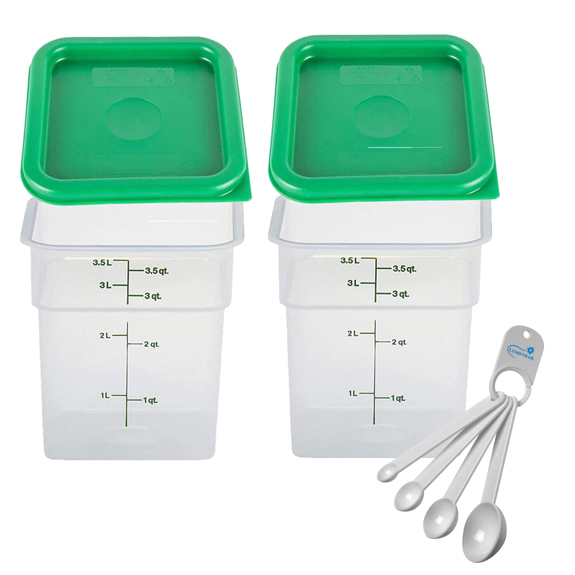 Lumintrail Cambro 4SFSPP190 4 Qt. Translucent Container with SFC2452 Kelly Green Lid, 4Quart, Pack of 2, with Measuring Spoon Set