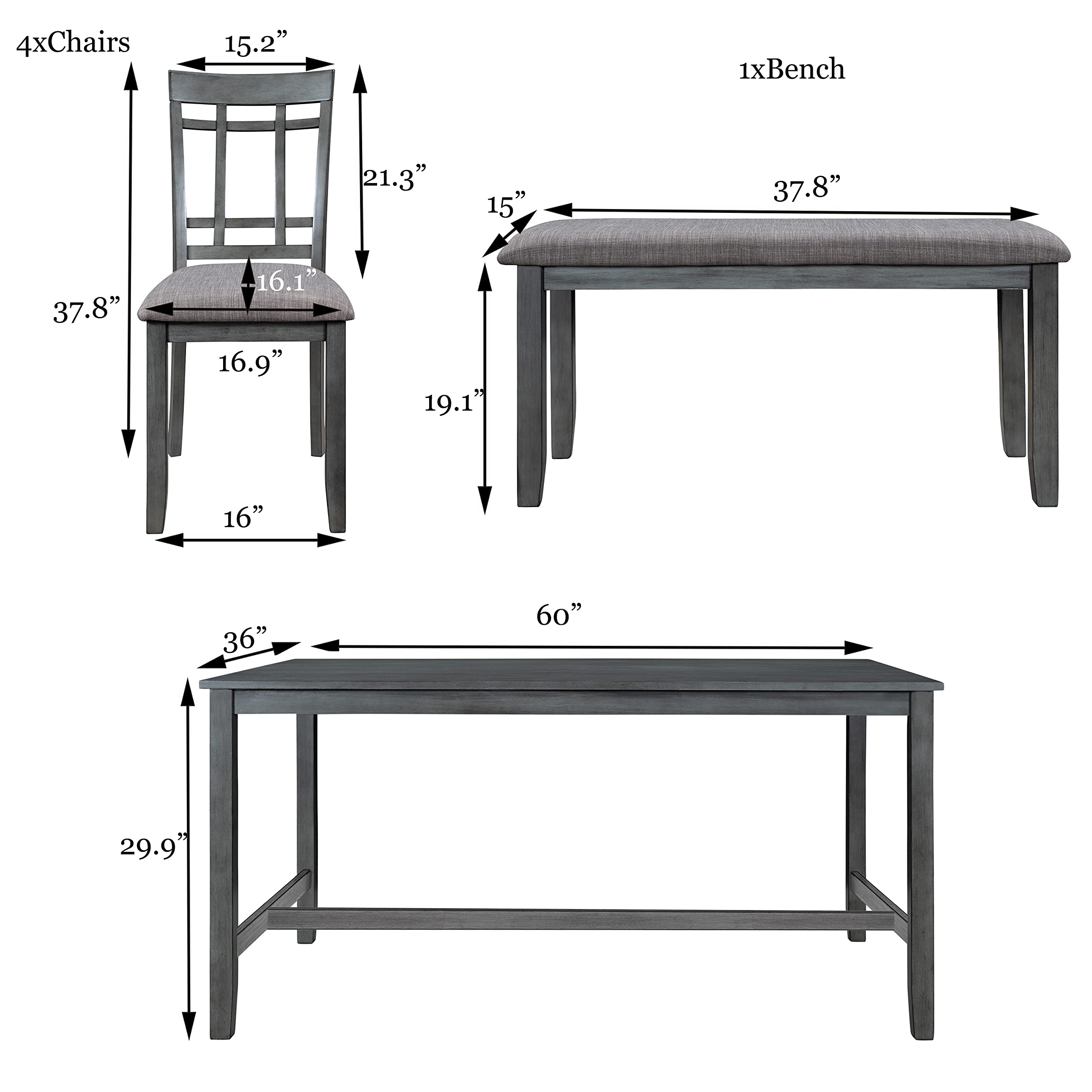 LUMISOL 6 Piece Dining Room Table Set with Bench and Chairs Upholstered Seating, Solid Wood Kitchen Dining Furniture Set Farmhouse Style