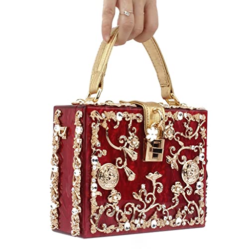 SXNBH Acrylic Box Evening Bag Ladies Flower Lock Diamond Stone Pattern Small Square Clutch Shoulder Bag Women's Evening Handbag