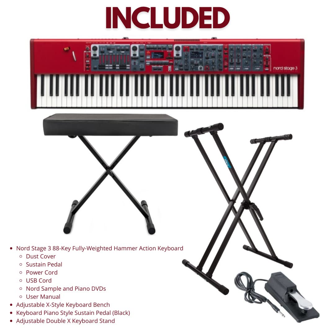 Nord Stage 3 88-Key Fully-Weighted Hammer Action Keyboard Bundle with Adjustable Keyboard Stand, Adjustable Bench, and Sustain Pedal (4 Items)