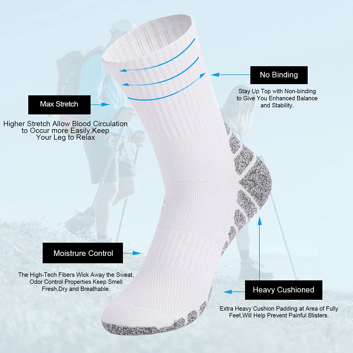 Meinice Athletic Crew Socks 6 Pairs Cushion Running Socks Sport Wicking Socks for Women/Men(L,White)