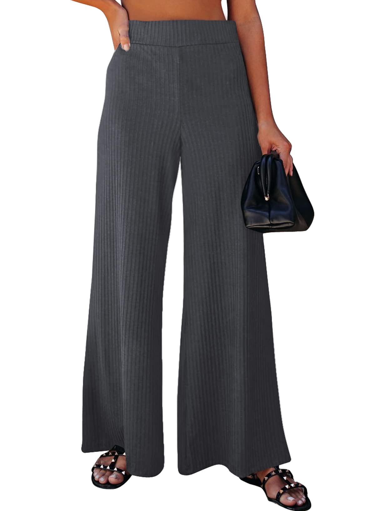 ROSKIKI Women's Casual Summer Relaxed Fit Ribbed Knit Elastic Waist Sweatpants Comfy Solid Color Yoga Wide Leg Pants Gray Small
