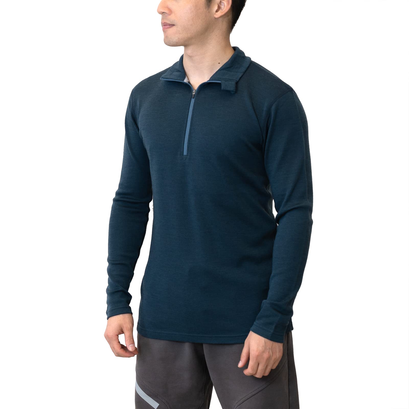 SHEEP RUN 100% Merino Wool Men's Midweight Wicking Base Layer 1/4 Zip Shirt (Navy, Large)